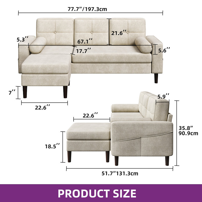 Ebern Designs Leionna 78" Reversible Upholstered Sectional Sofa with ...