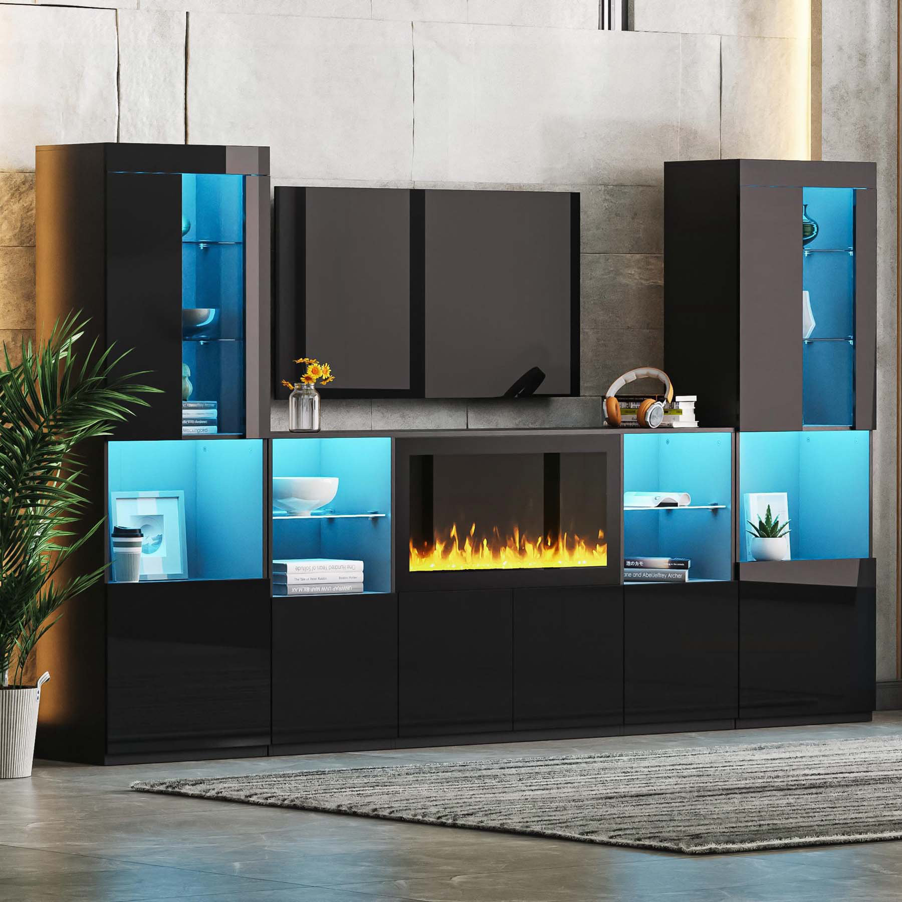 Orren Ellis Modern TV Stand with Electric Fireplace and LED Lights ...