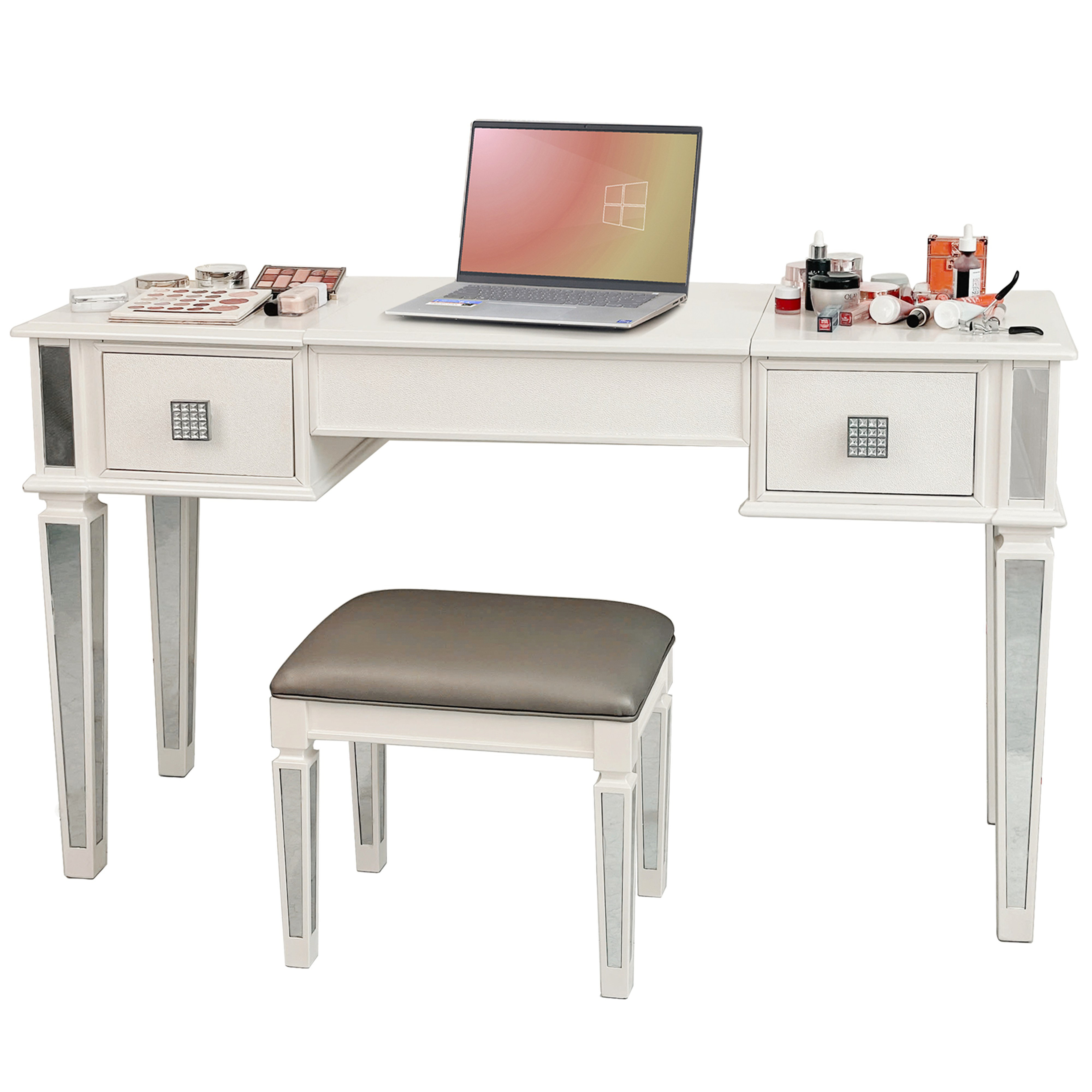 Mercer41 Mirrored Vanities Desk With Drawers, Bedroom Makeup Vanity ...