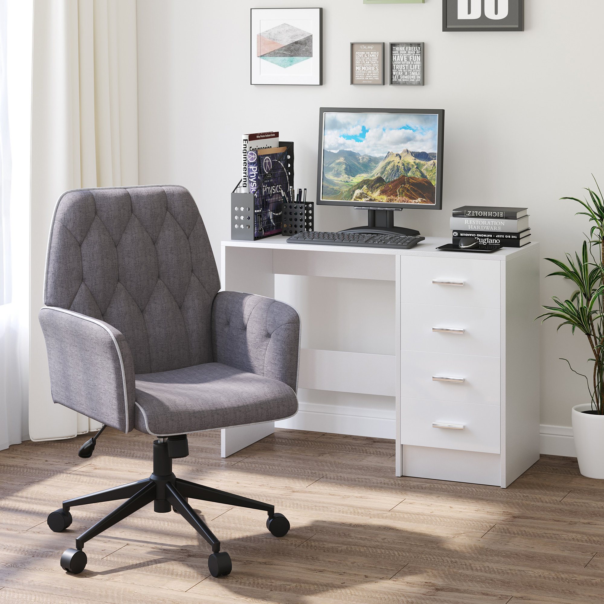 George Oliver HOMCOM Linen Home Office Chair, Tufted Height Adjustable ...