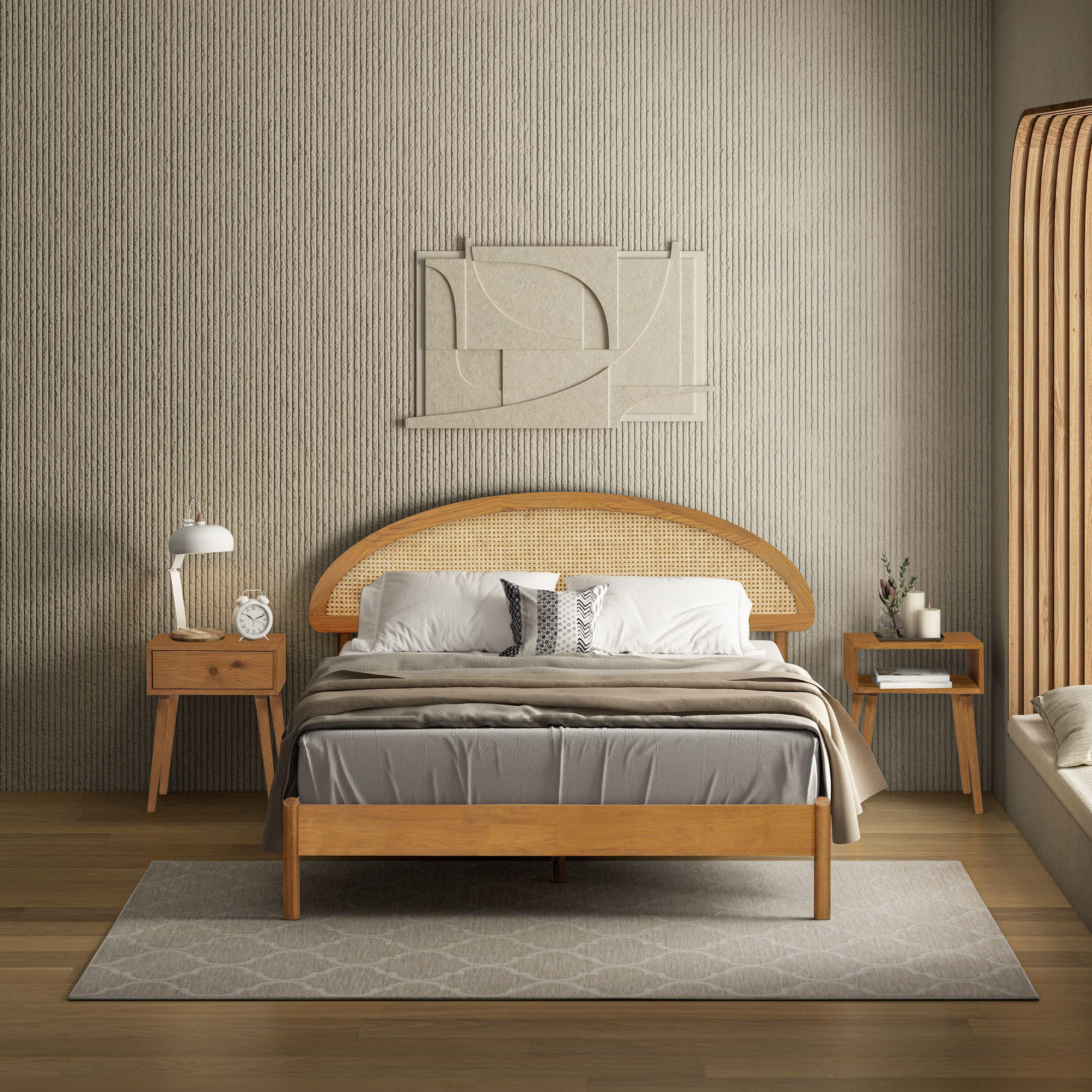 NTC Gem Solid Wooden Bed Frame With Headboard And Natural Rattan, 1000 ...