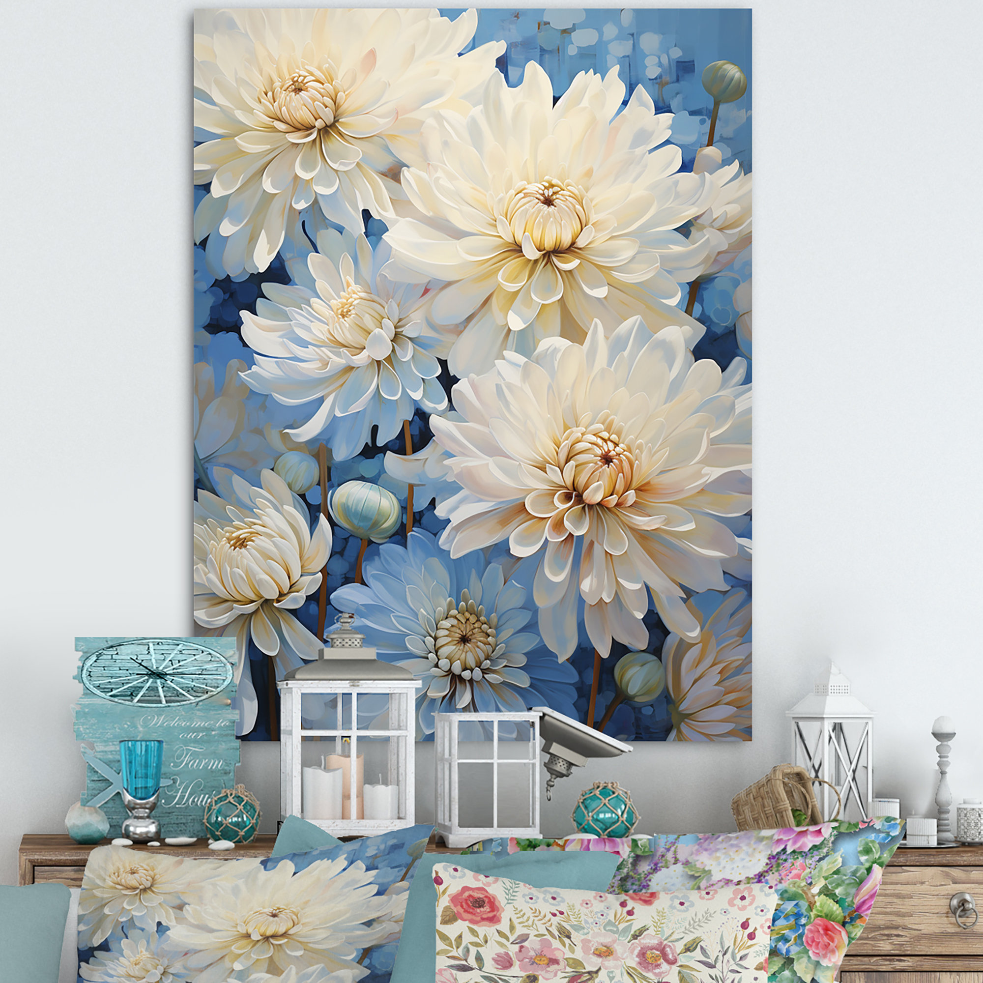 Design Art Blue And White Mums Flowers Elegance IV On Canvas Print ...