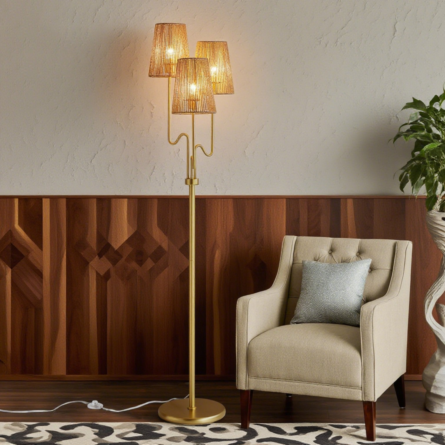 Bayou Breeze 68" Boho Floor Lamp With Rattan Shades - 3-Light Tree ...