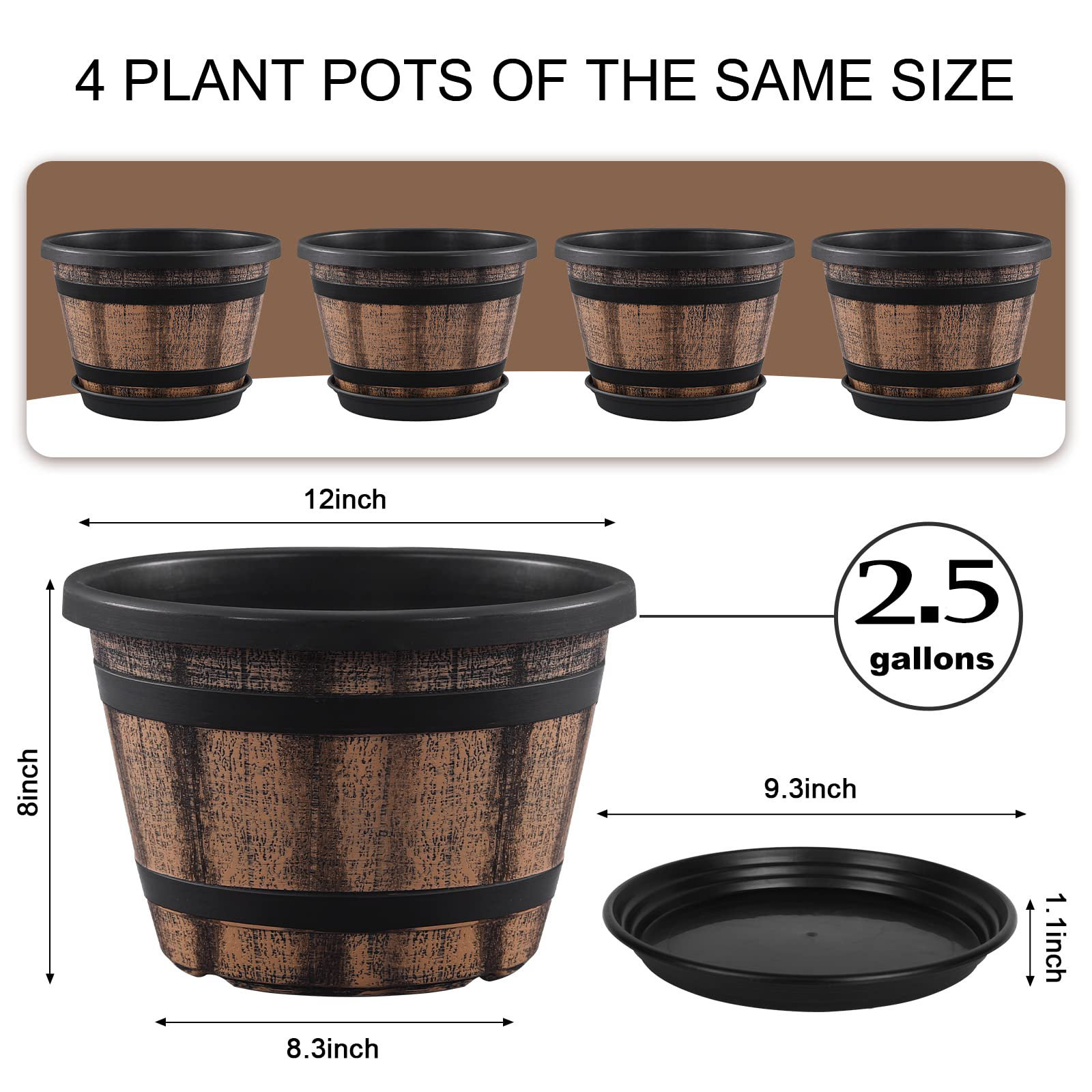 Trinx Plant Pots Set Of 4 Pack 12 Inch,Large Whiskey Barrel Planters ...
