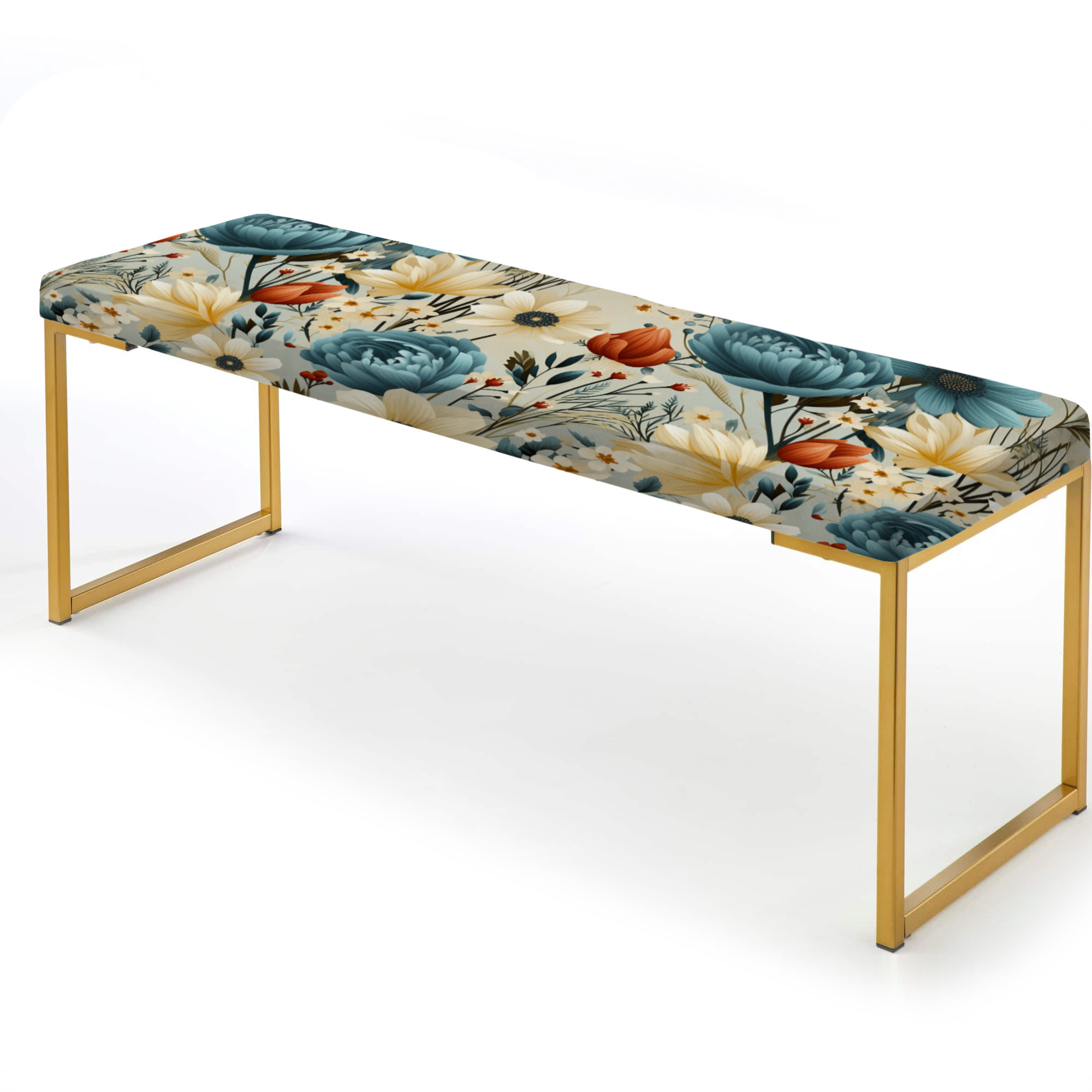 Design Art Blue Boho Floral Harmony - Floral Upholstered Gold Bench ...