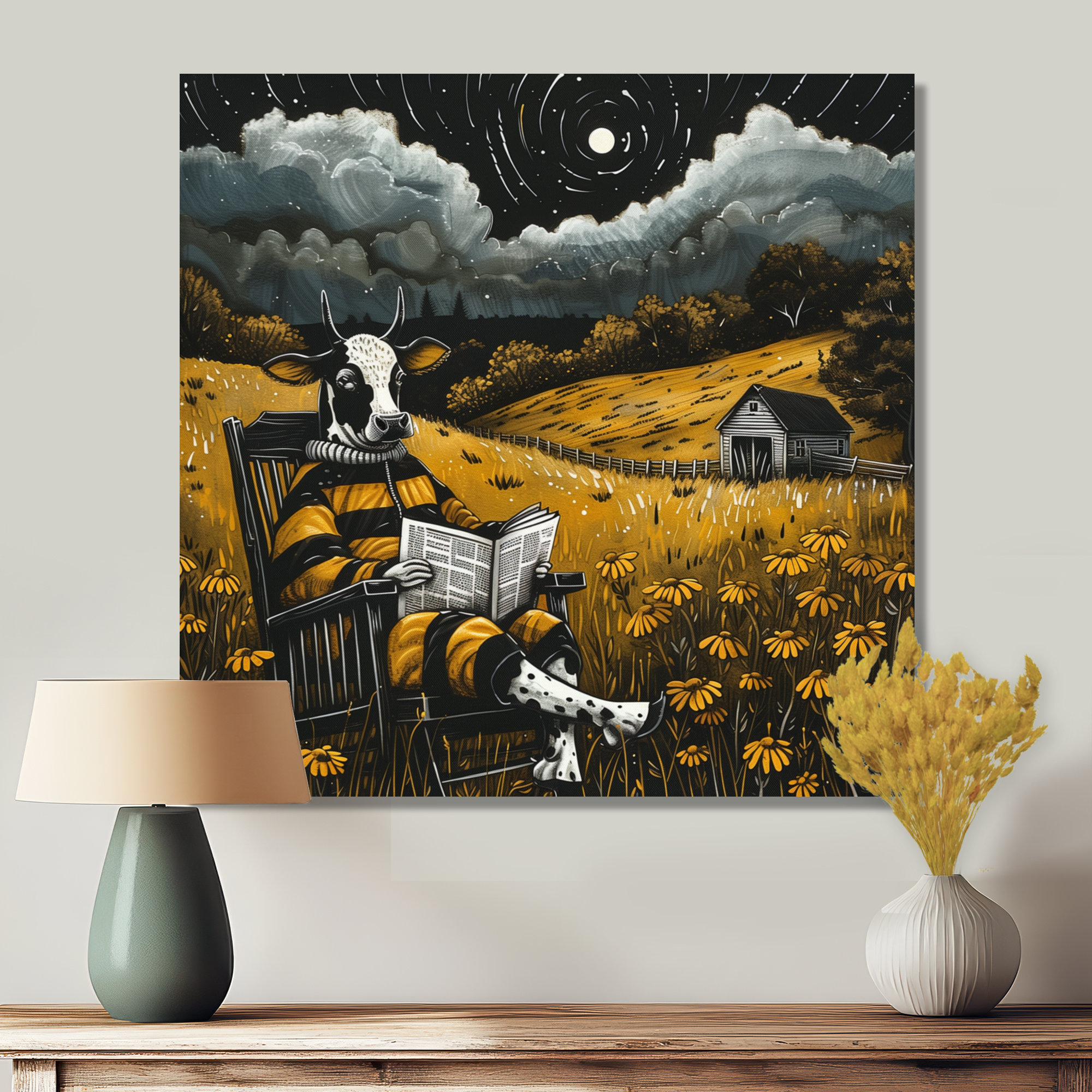 Trinx Cow Reading In The Meadow On A Rocking Chair - Cow Animal Wall ...