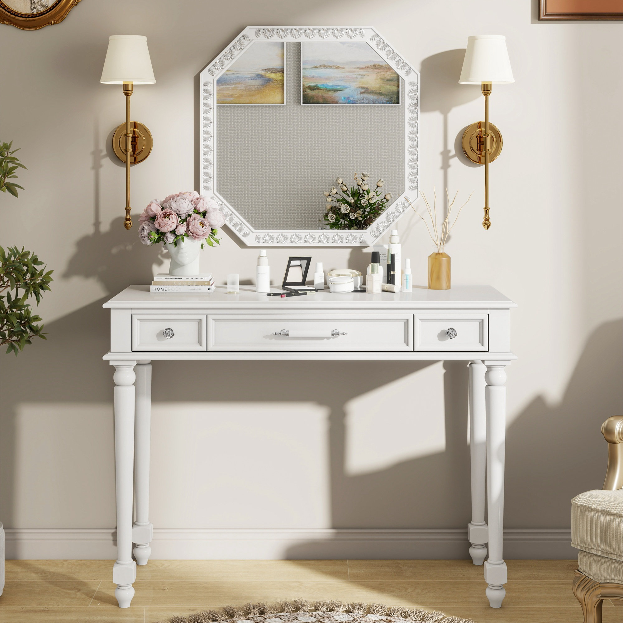 George Oliver Retro Makeup Desk With Large Mirror, 3-Drawer Dressing ...