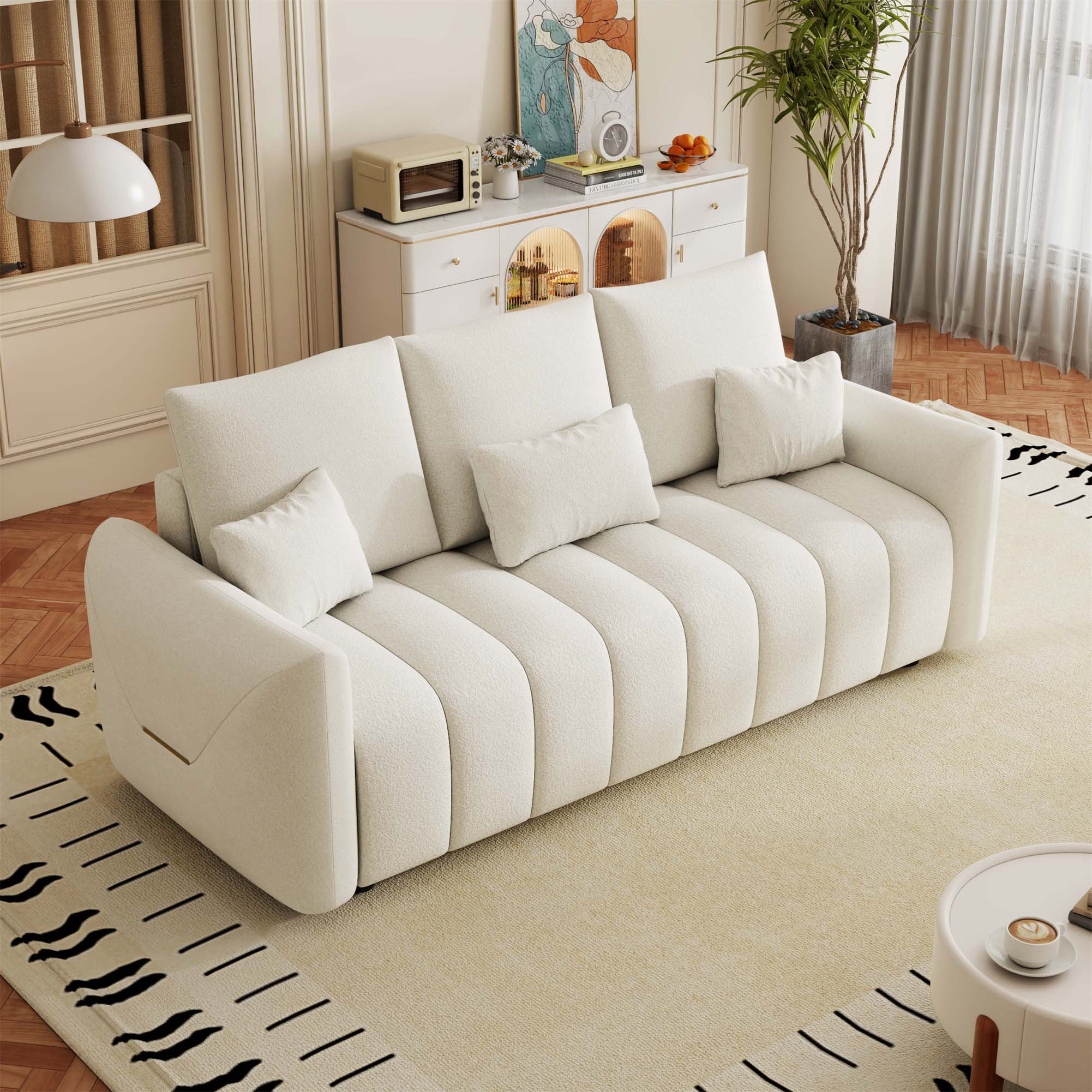 Astoria Grand Premium Teddy Fabric Sofa With 3 Back Pillows And 3 Back ...