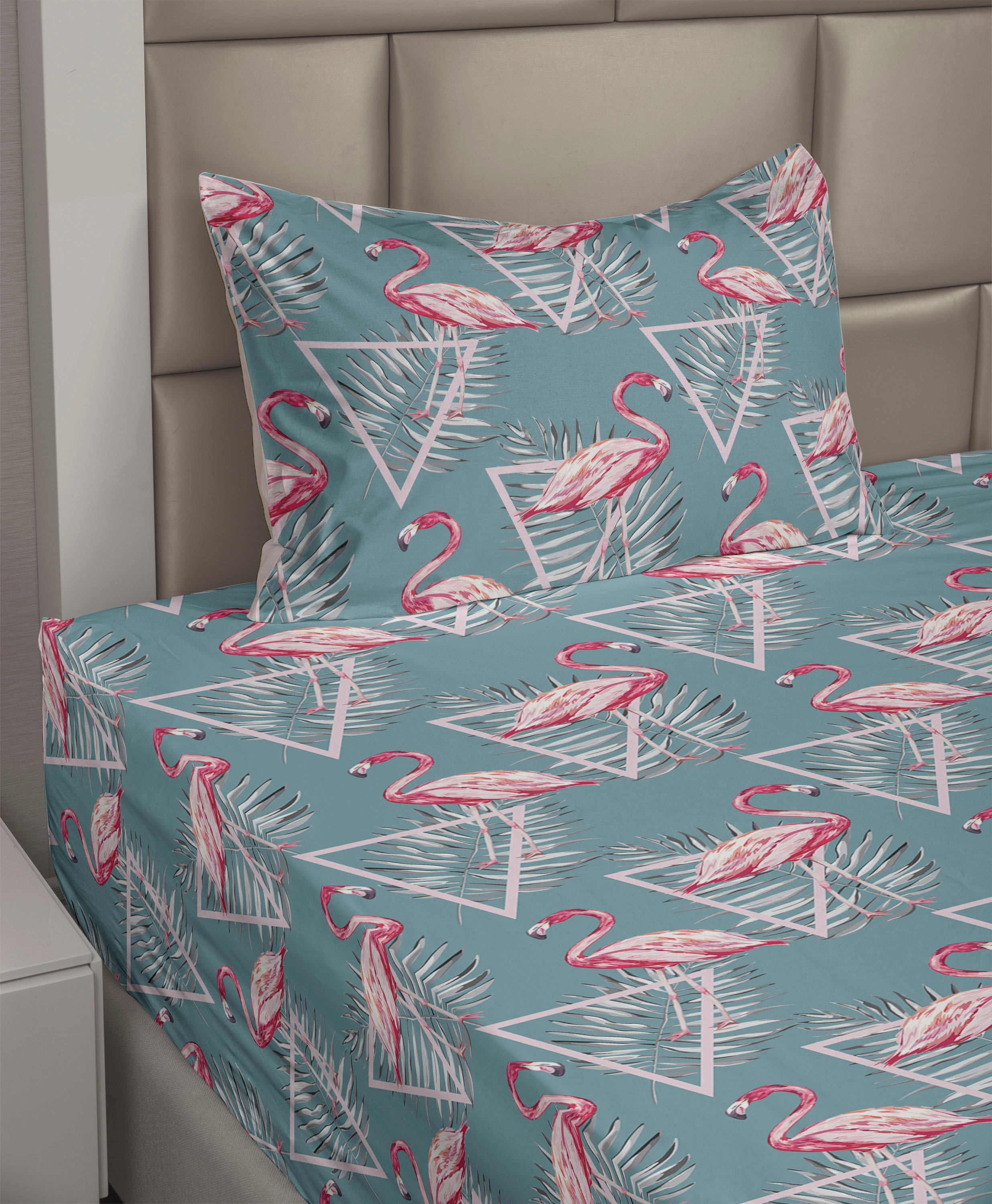 Ambesonne Hawaiian Sheet Set Triangles Leaves Flamingo Cadet Blue and ...