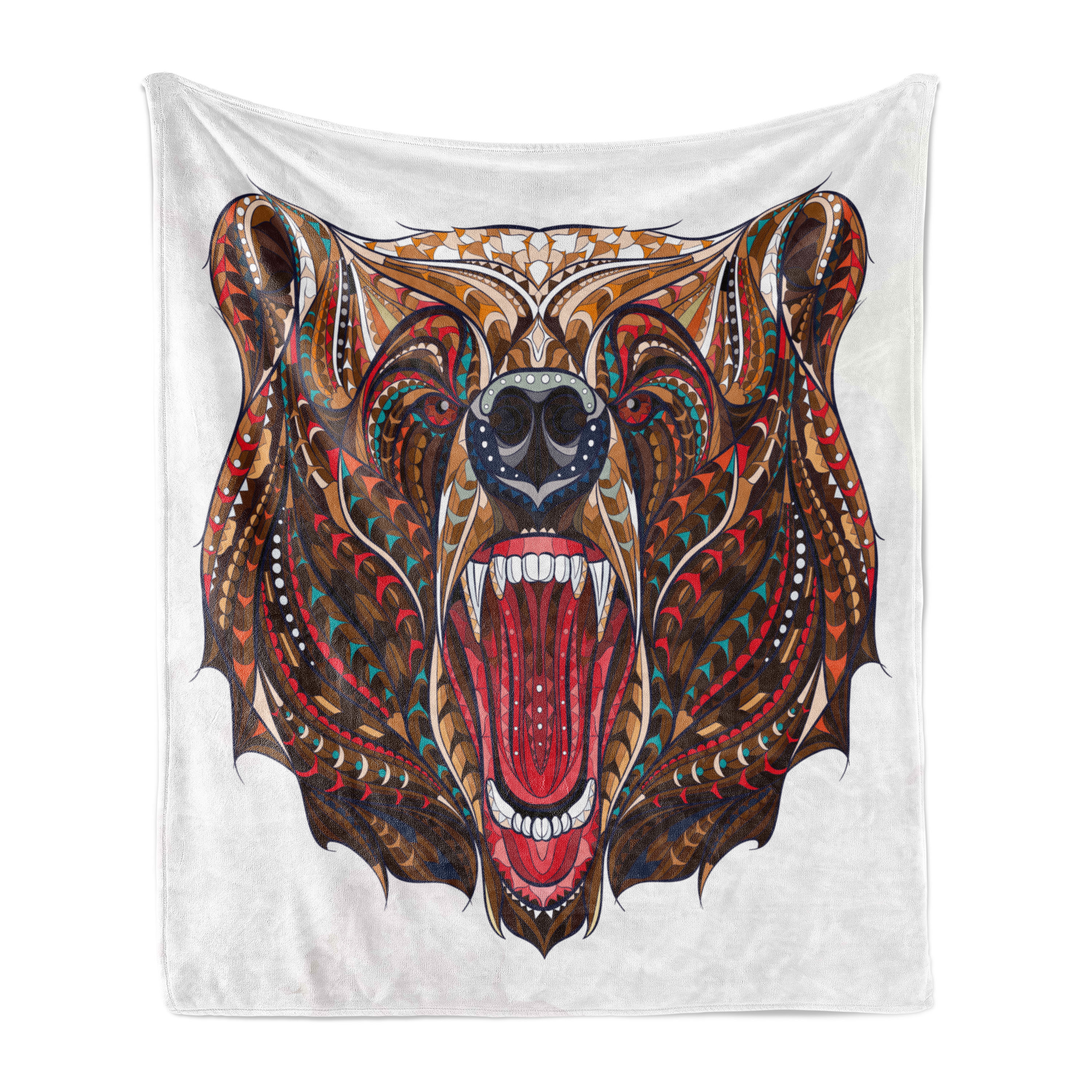 Ambesonne Bear Fleece Throw Blanket Head with Patterns Brown Red Blue ...