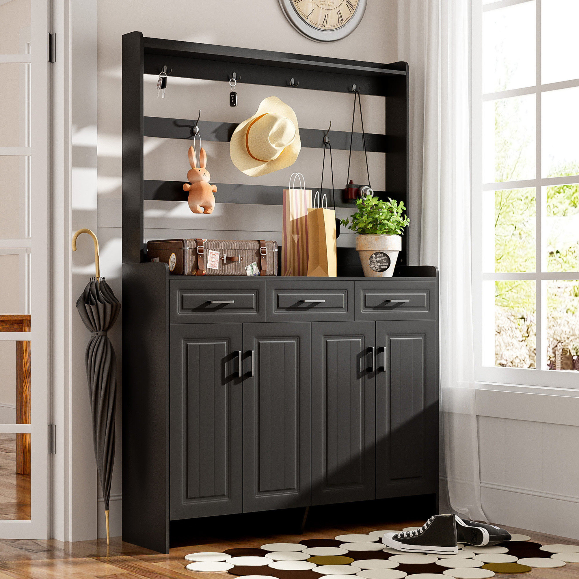 Lark Manor Four-Door Shoe Cabinet With Coat Rack,3 Drawers, 8 Shelves ...