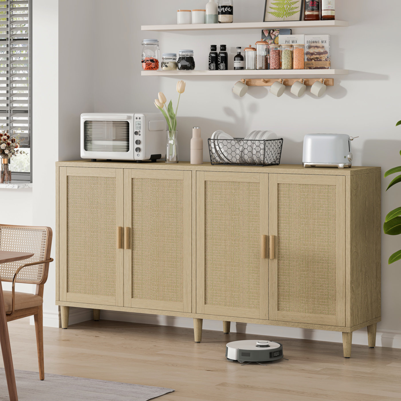 Dakota Fields 70" Rattan Buffet Cabinet With Storage, 4-Door Sideboard ...