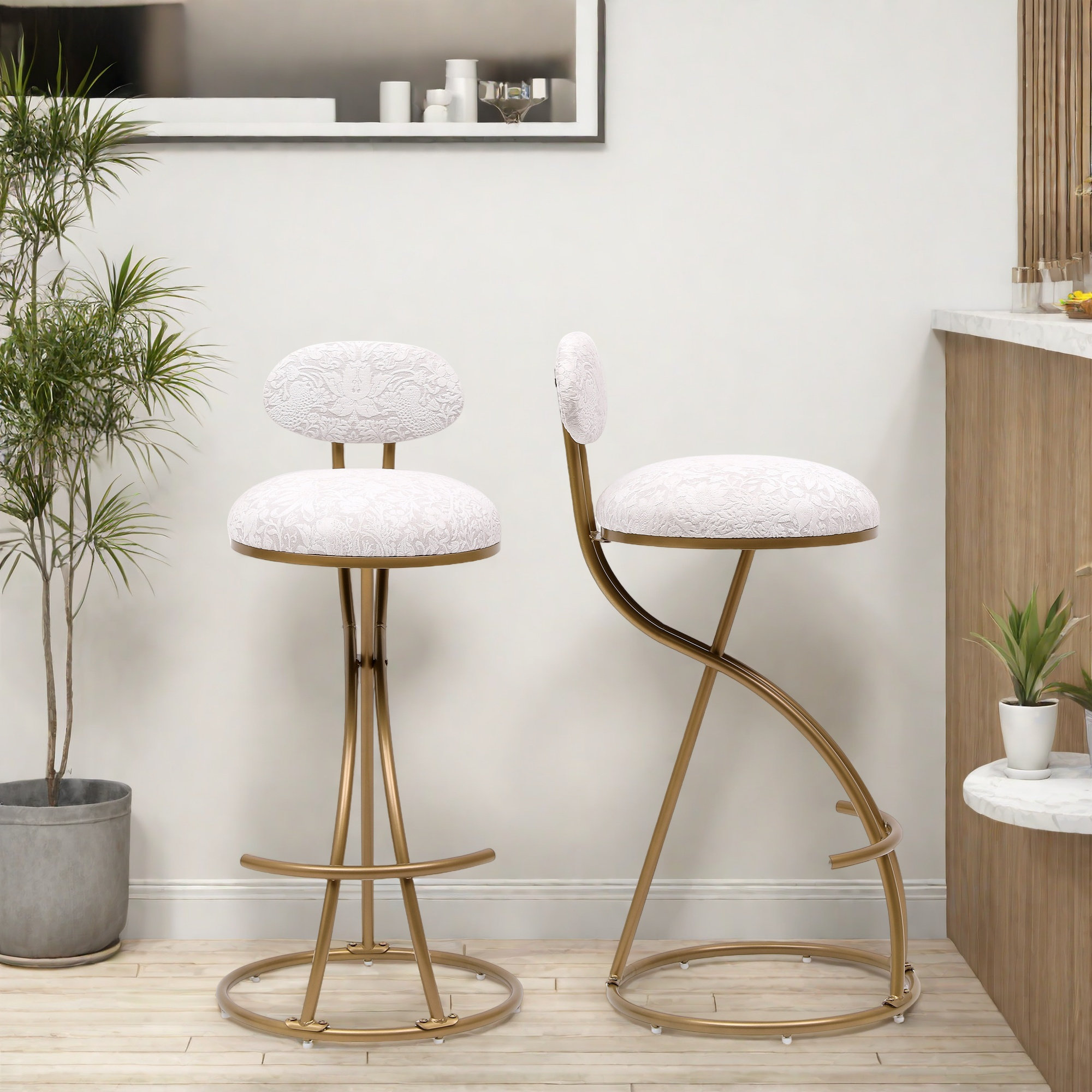 Mercer41 Round Bar Stools Set Of 2 With Floral Print Upholstered Seat ...