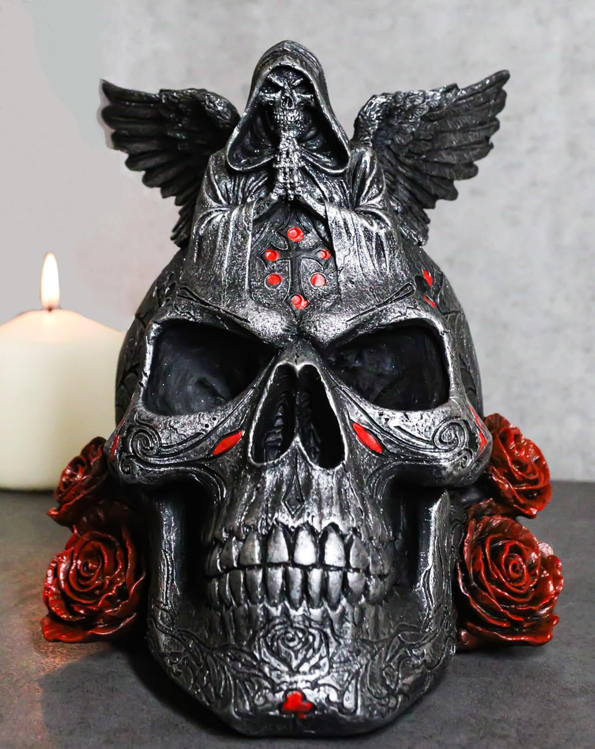 Trinx Grim Reaper Skeleton Angel Of Death Praying On Tribal Skull Red ...