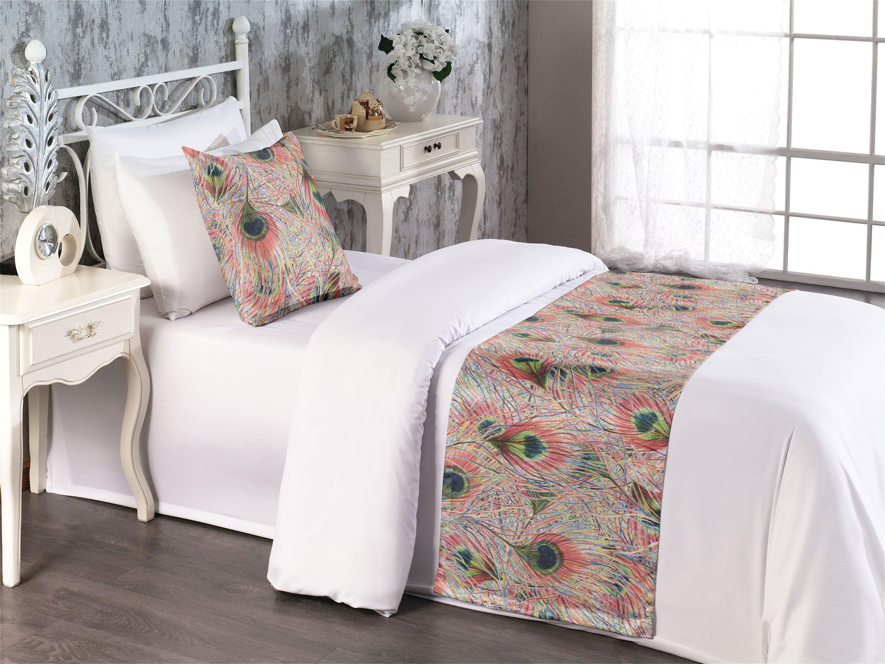 Ambesonne Peacock Feathers Bed Runner Set Jumble Fuzz Art Dark Coral ...
