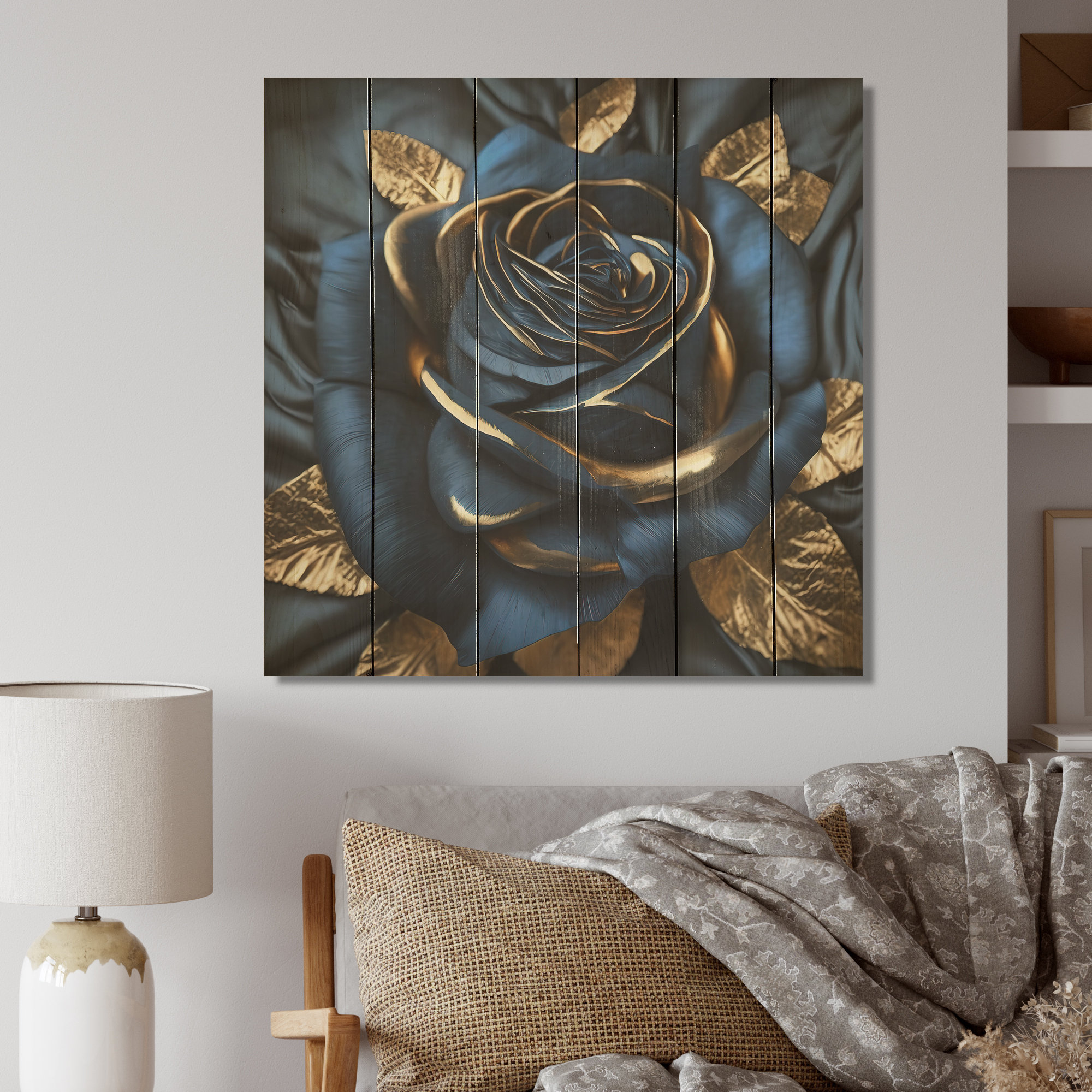 House of Hampton® Gilded Rose In Kings Blue I - Floral Rose Wood Wall ...