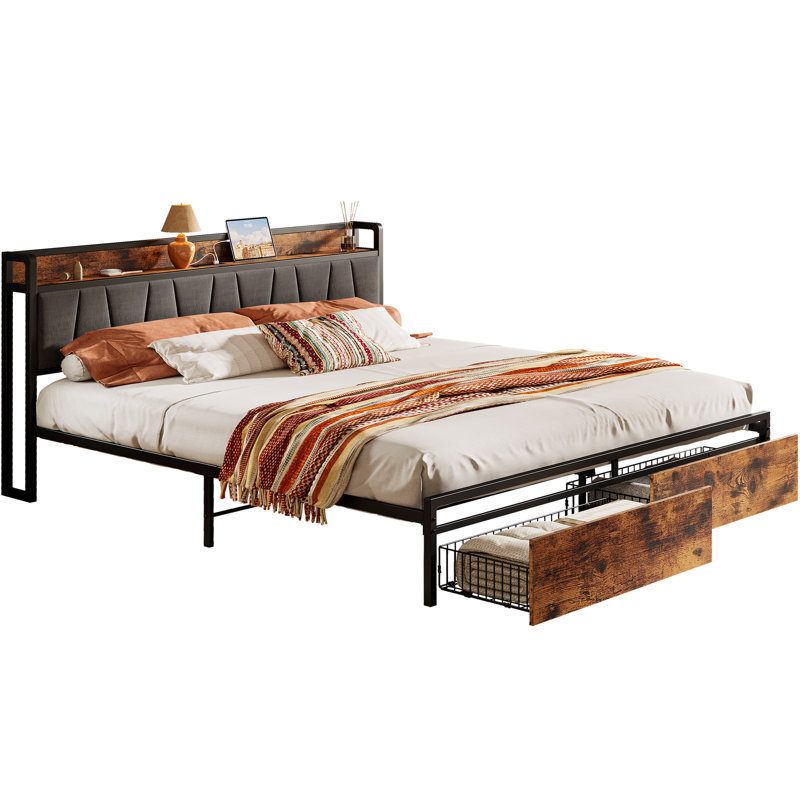 17 Stories Brown-grey California King Size Bed Frame, Charging Head ...