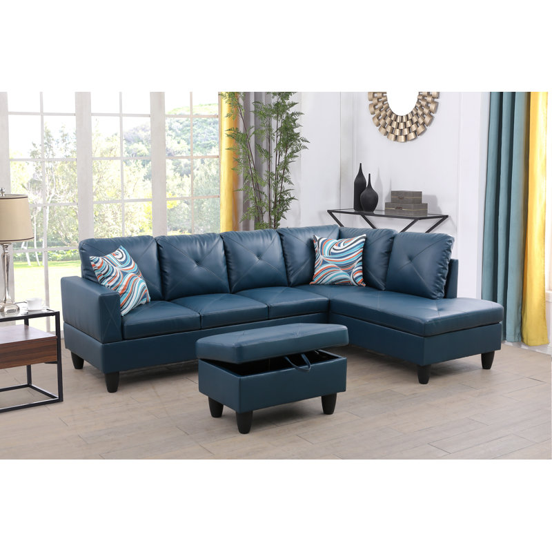 Ebern Designs Swarey 97" Wide Faux Leather Sofa & Chaise with Ottoman ...