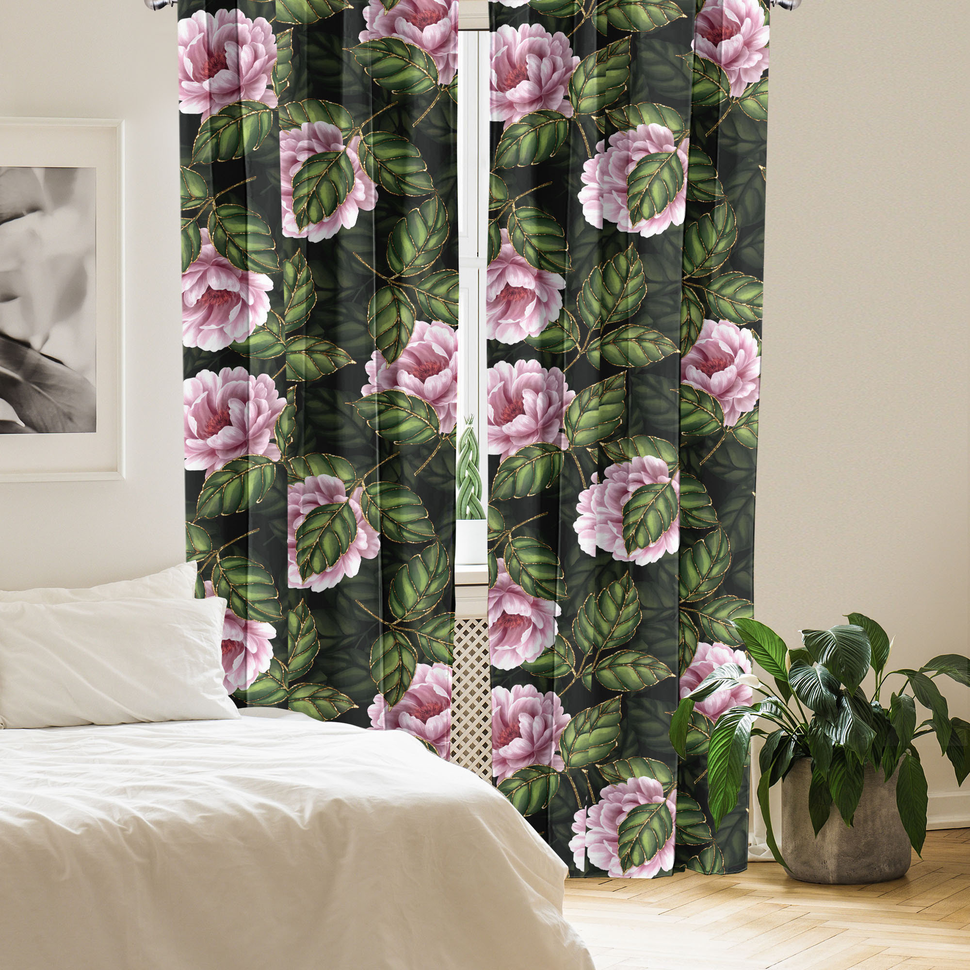 East Urban Home Spring Curtains Roses Leaves Dark Colors Pair 427565 ...