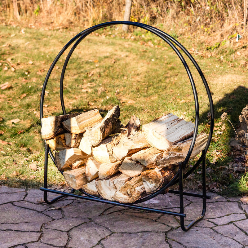 Ebern Designs Darquize Indoor or Outdoor Black Iron Firewood Log Hoop ...