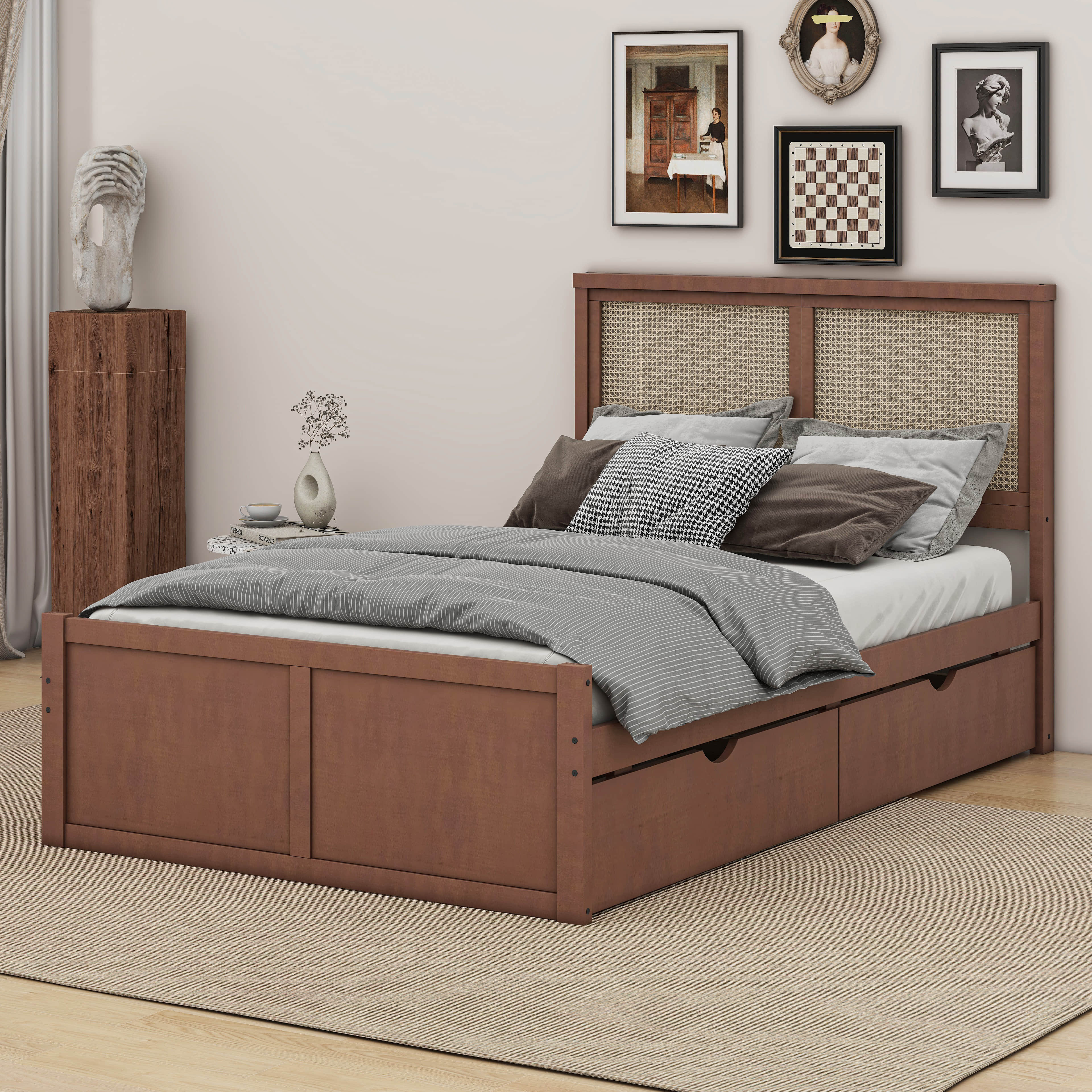 Cosmic Full Size Wood Platform Bed with 4 Drawers And Rattan Headboard ...