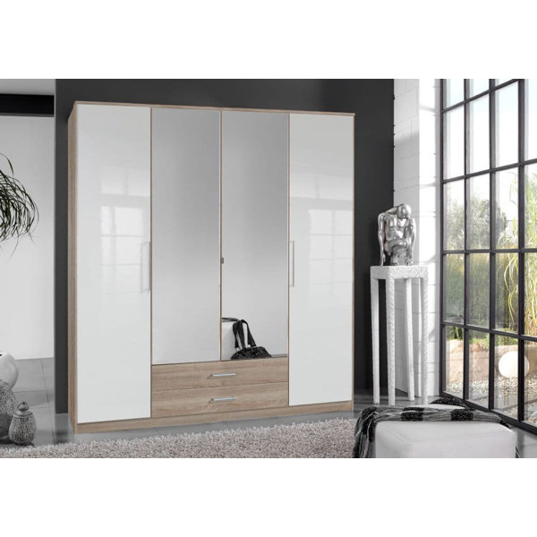 Brayden Studio Torrin White Gloss And Oak Effect 4 Door Wardrobe Large ...