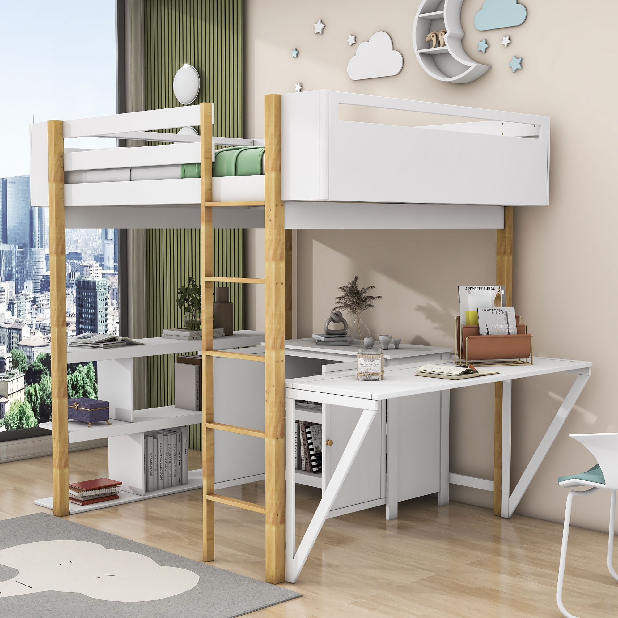 Harriet Bee Jennaca Wood Loft Bed With Built-In Shelves, Foldable Desk ...