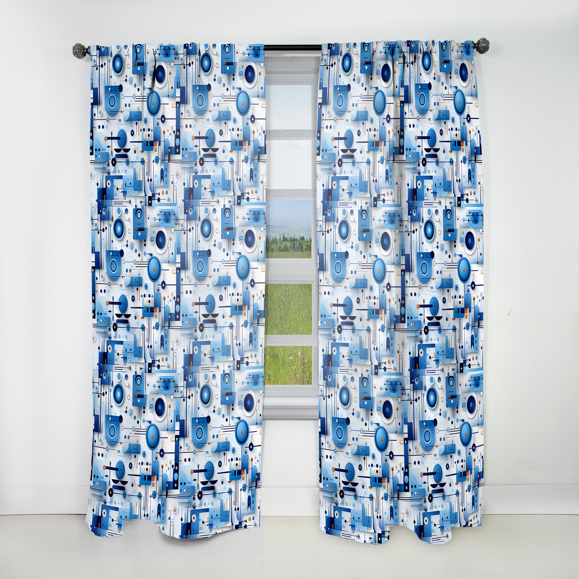Design Art Blue And White Matrix Grid III - Abstract Curtain - Velvet ...