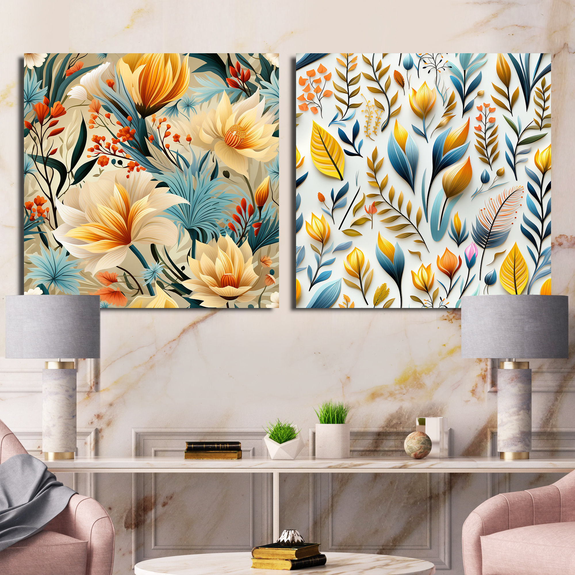 Design Art Yellow And Blue Botanics Coastal Pattern - Abstract ...