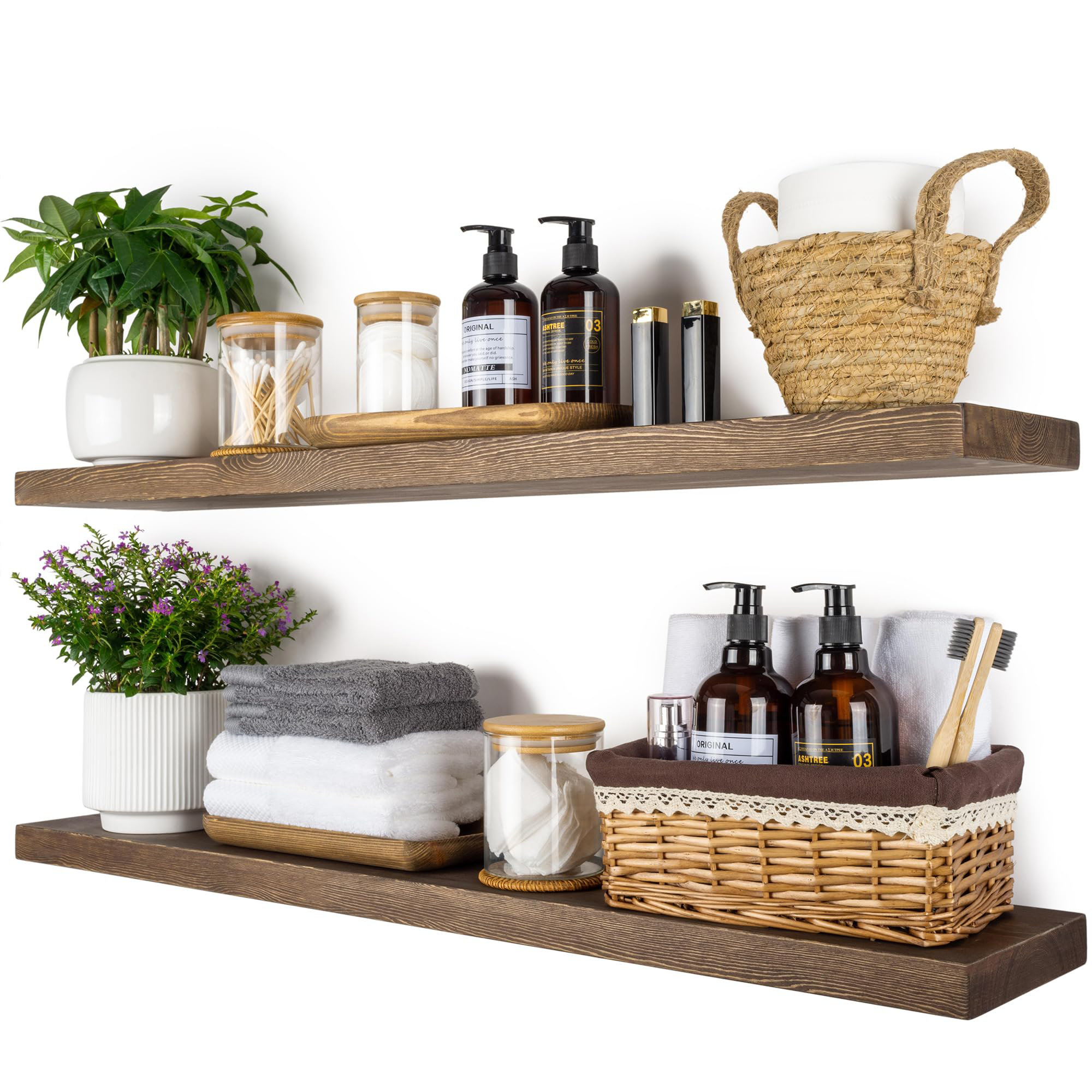 Latitude Run® Rustic Wooden Floating Shelves (Set of 2), Wall-Mounted ...