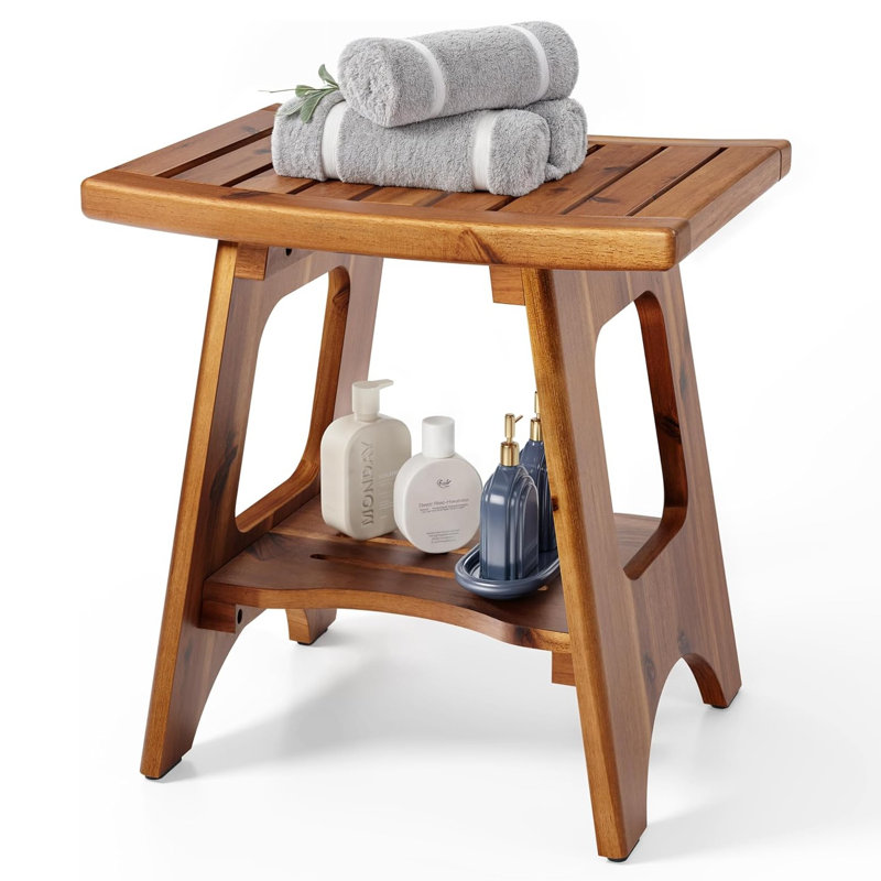 Lark Manor™ Wooden Shower Stool Benches with Towel Storage Shelf | Wayfair
