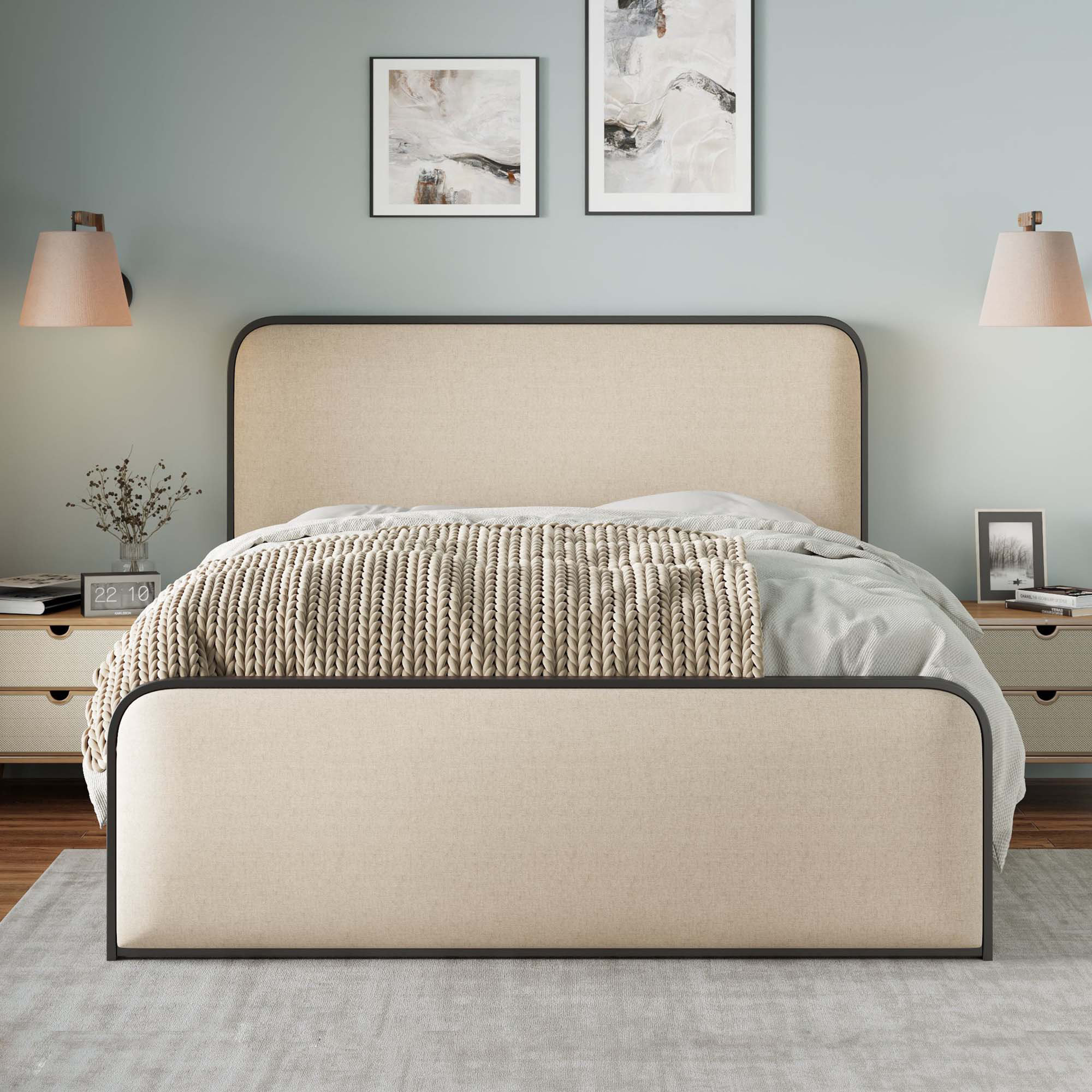 Ebern Designs Modern Metal Bed Frame With Curved Upholstered Headboard ...