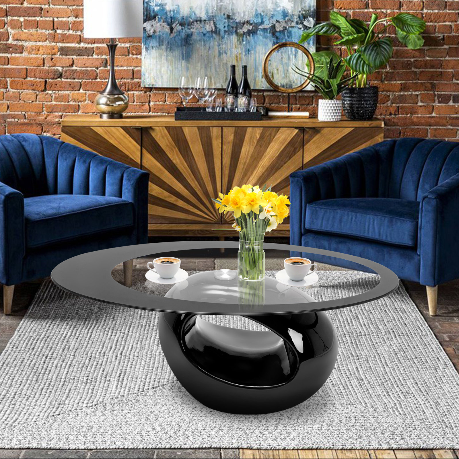 Ivy Bronx Oval High Gloss Glass Coffee Table With Tempered Glass Top ...