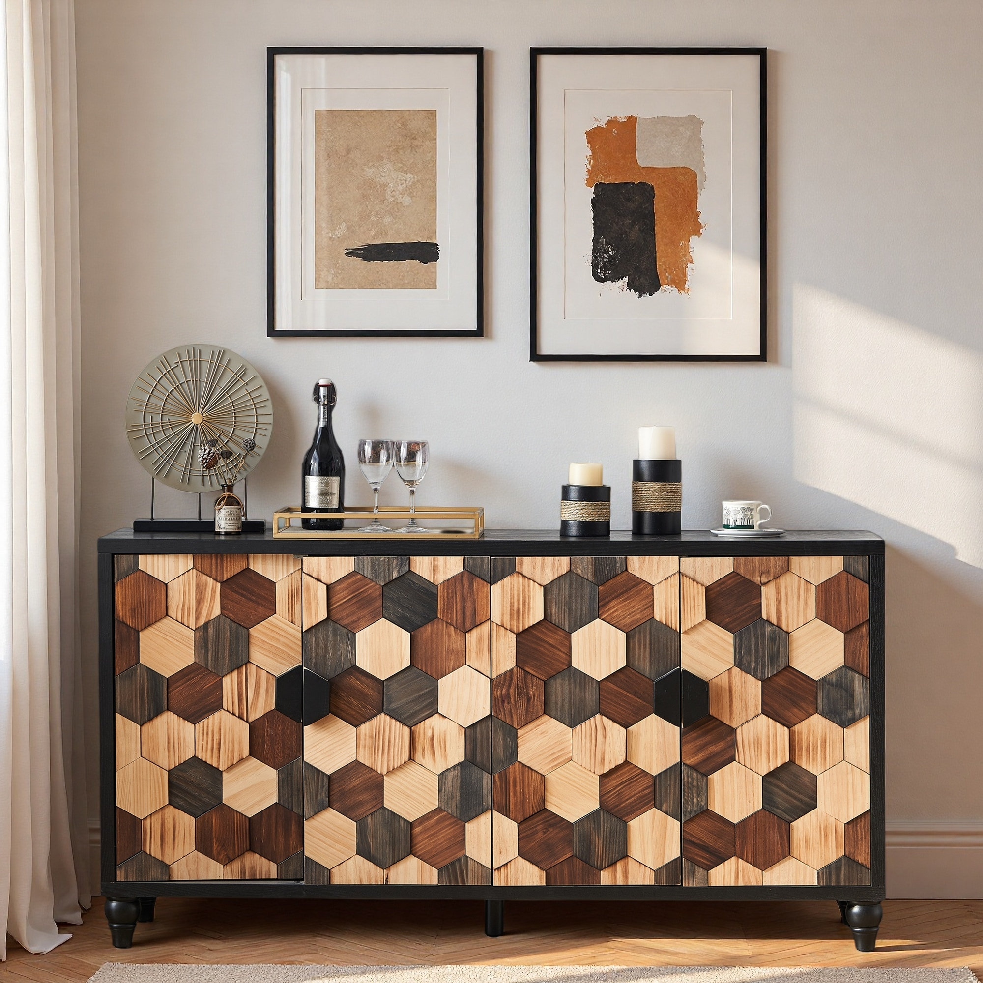 Ebern Designs Buffet Sideboard With Honeycomb Pattern And Pine Wood ...