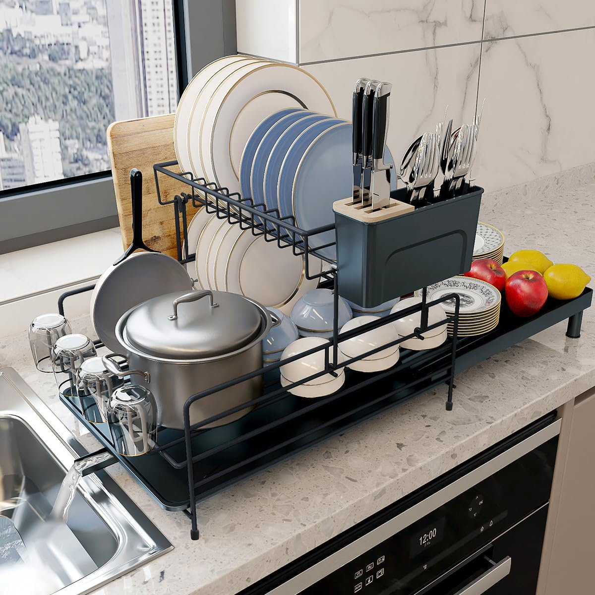 BY Family Expandable Dish Drying Rack With Drainboard, Dual-Tier ...