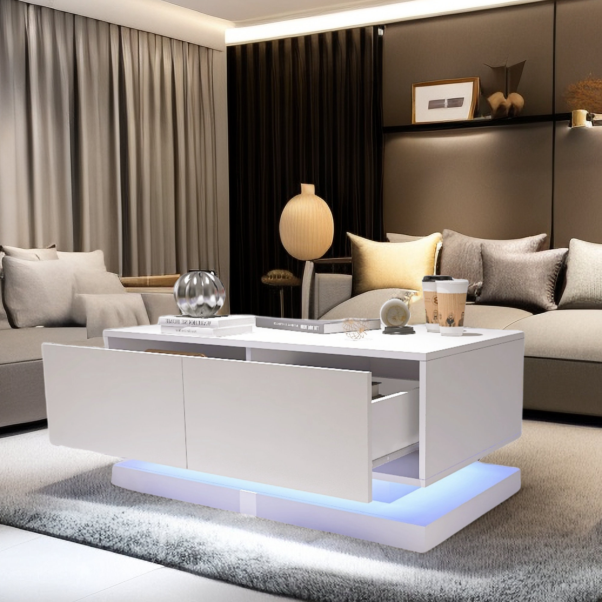 Ivy Bronx High Glossy Coffee Table With 2 Drawers And Buletooth Control ...