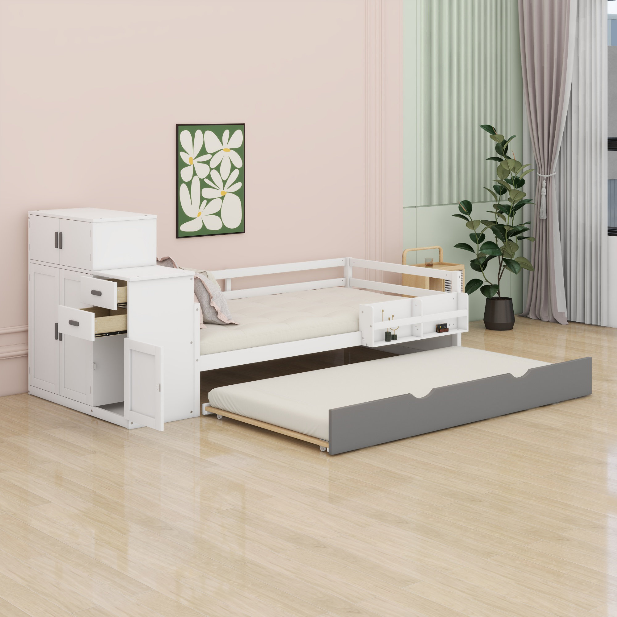 Latitude Run® Wood Platform Bed With Sample Bookshelf And Movable ...