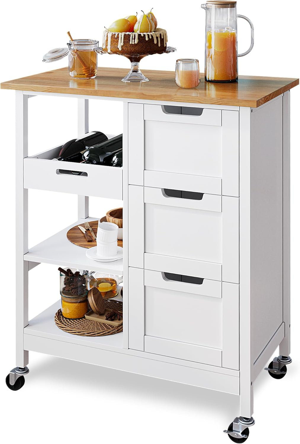 Winston Porter Rolling Kitchen Island Cart With 3 Drawers, Soild Wooden ...
