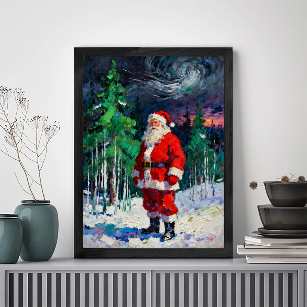Charlton Home® Black Framed Vintage Christmas Santa Claus with Snowy ...