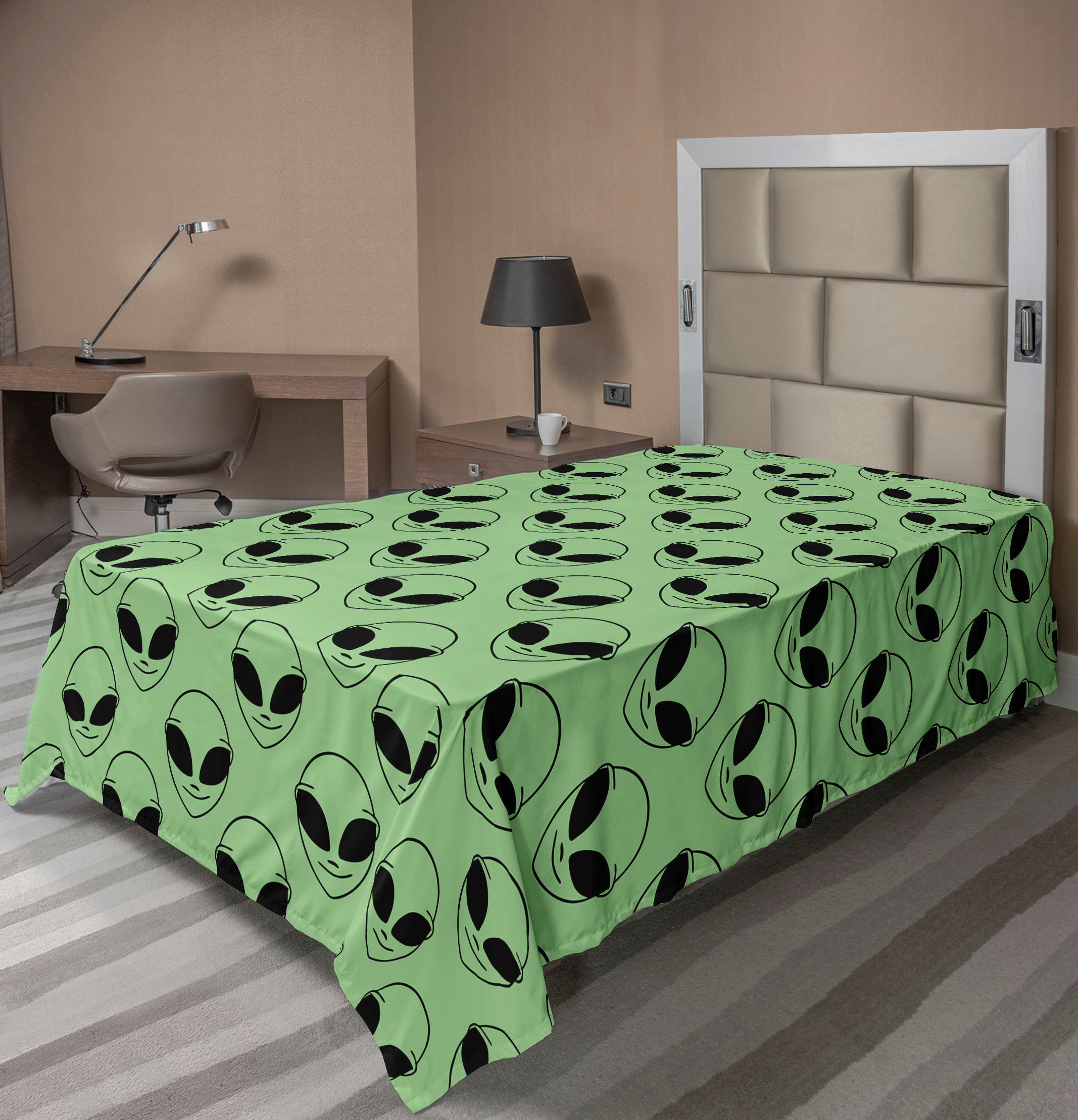 Ambesonne Alien Top Flat Sheet Extra-Terrestrial Cartoon Art Pale Green ...
