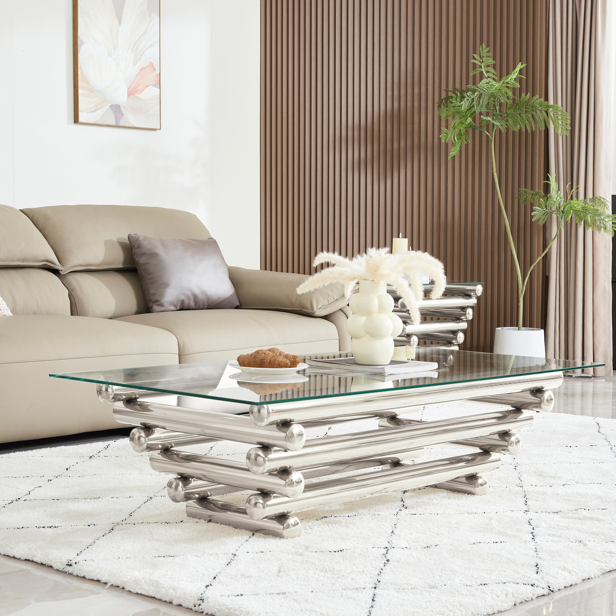Orren Ellis 55" Rectangle Modern Stainless Steel Coffee Table, Clear ...