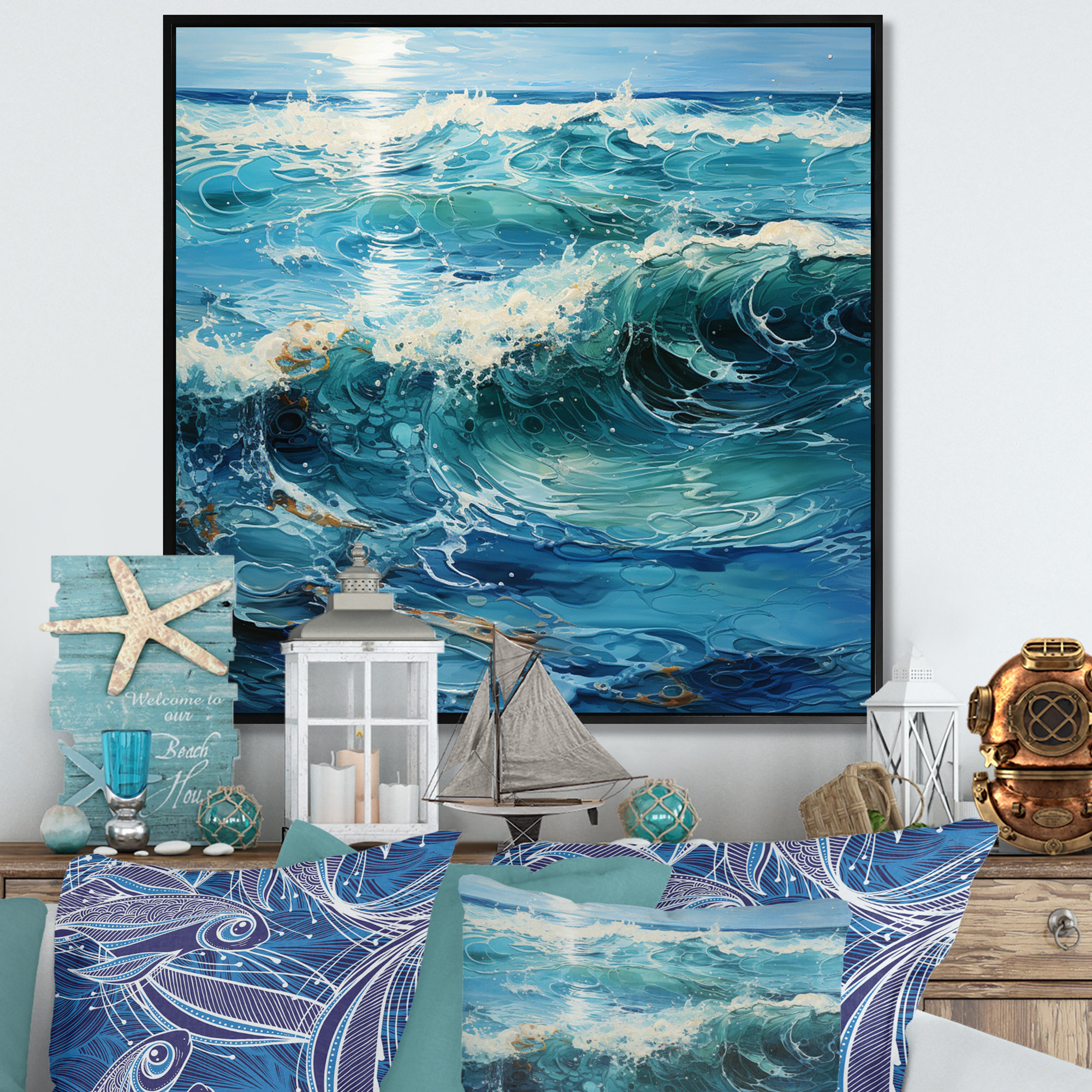 Dovecove Teal White Ocean Serenade Pointillism I - Nautical & Beach ...