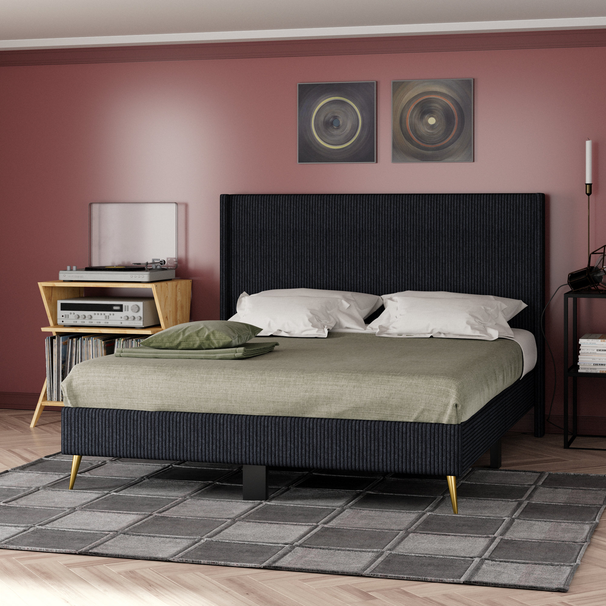 Mercer41 Shannock Corduroy Upholstered Wingback Bed With Gold Metal ...