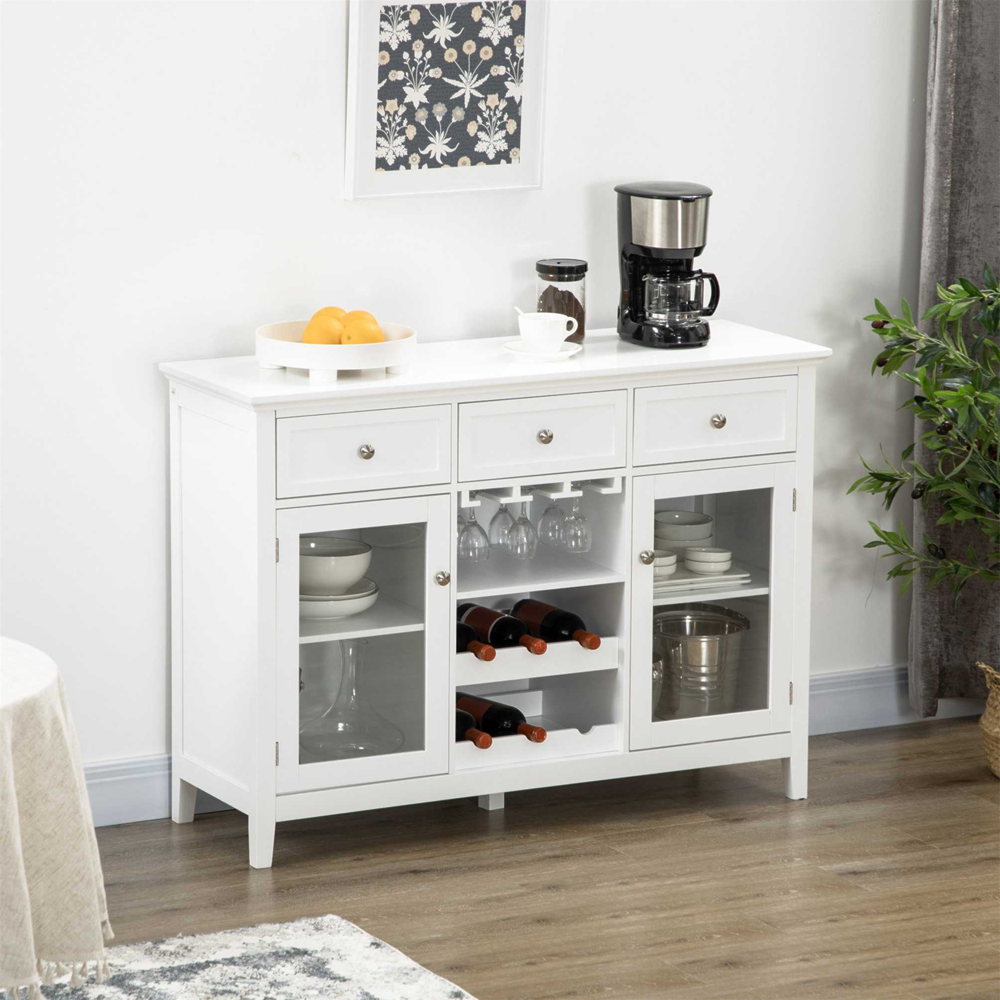 Ophelia & Co. Spacious Coffee Bar Cabinet With 3 Drawers, 6-Bottle Wine ...