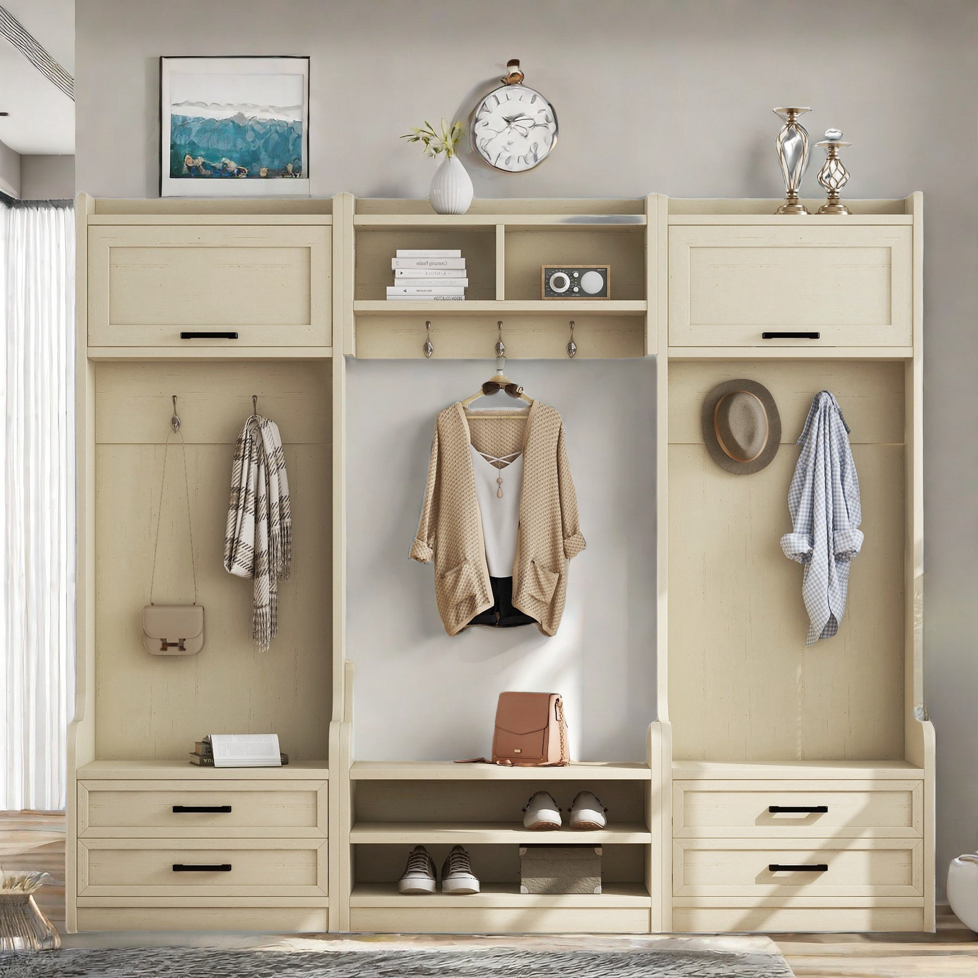 Red Barrel Studio® Karlea Hall Tree 78'' Wide with Bench and Shoe ...