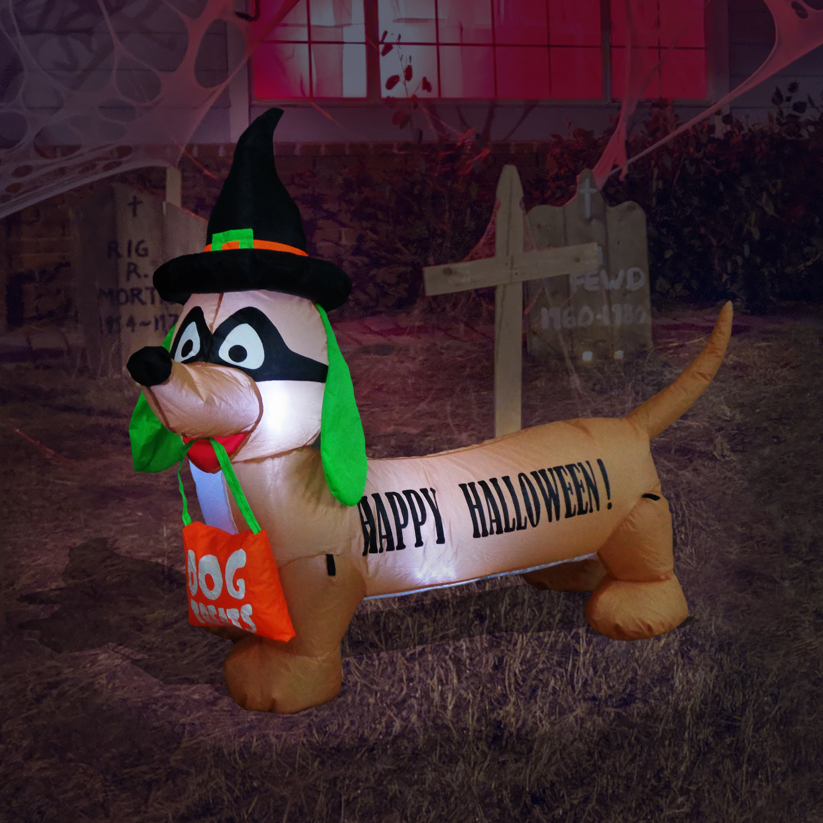 The Holiday Aisle® 4 Foot Long Lighted Happy Halloween Inflatable Dog ...