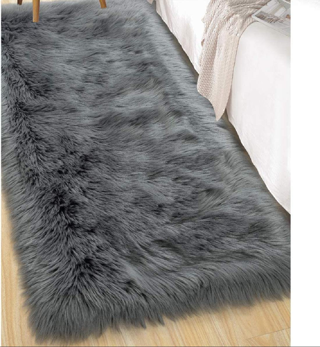 Mercer41 Rectangle Douwina Machine Tufted Faux Fur Area Rug in Dark ...