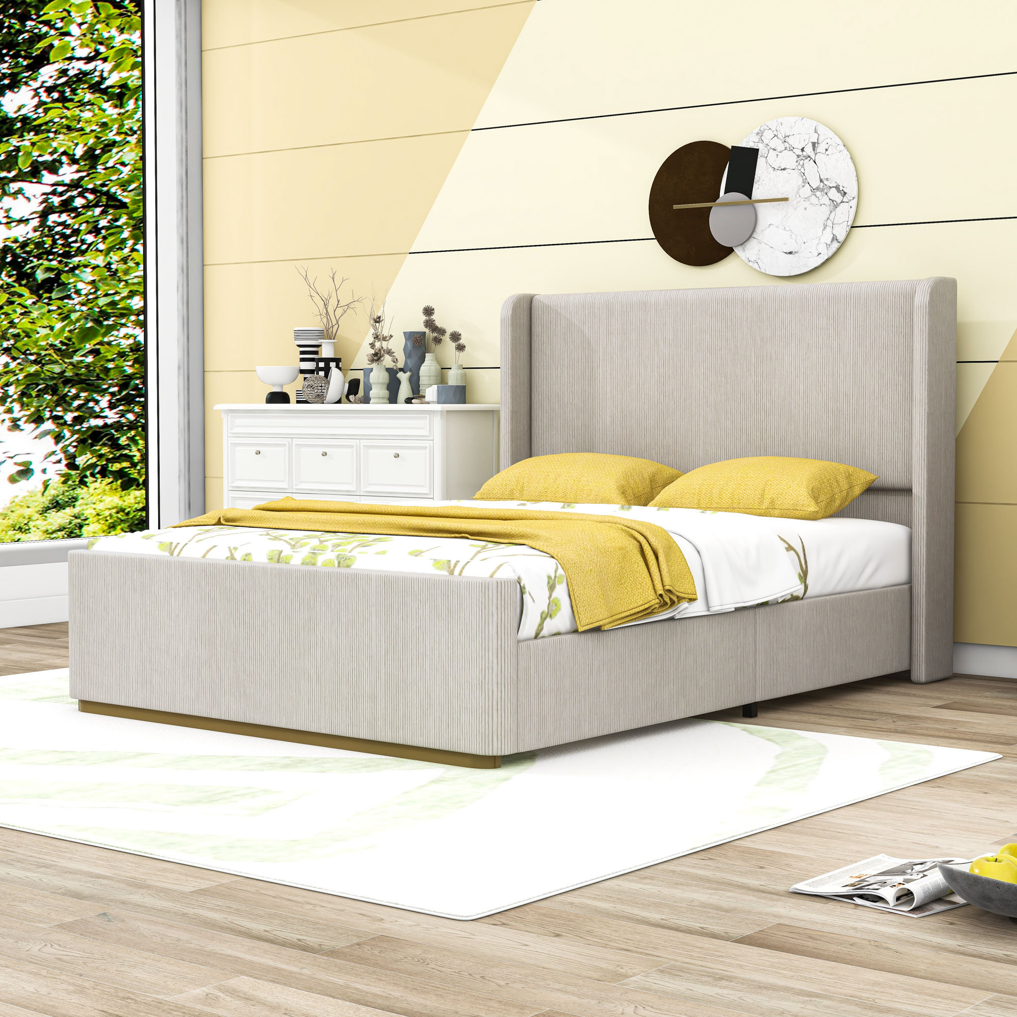 Latitude Run® Wingback Bed with Vertical-Striped Corduroy Fabric and ...
