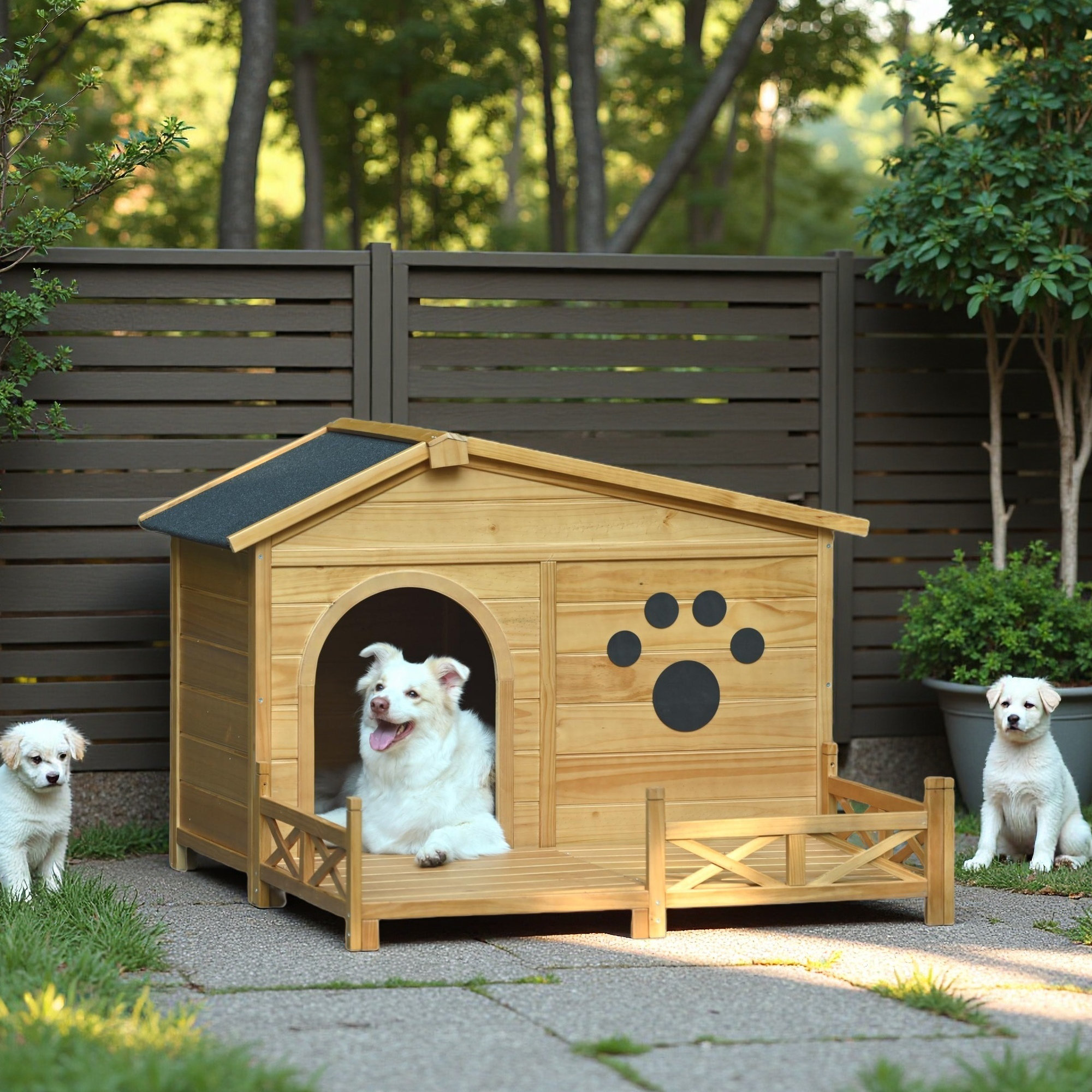 Tucker Murphy Pet™ 48" Wooden Dog Kennel Outdoor With Porch, Paw Print ...