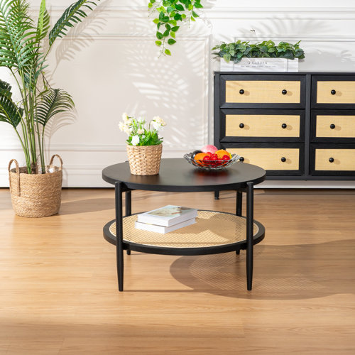 Bay Isle Home Storden Retro Wood Round Coffee Table with Rattan Storage ...
